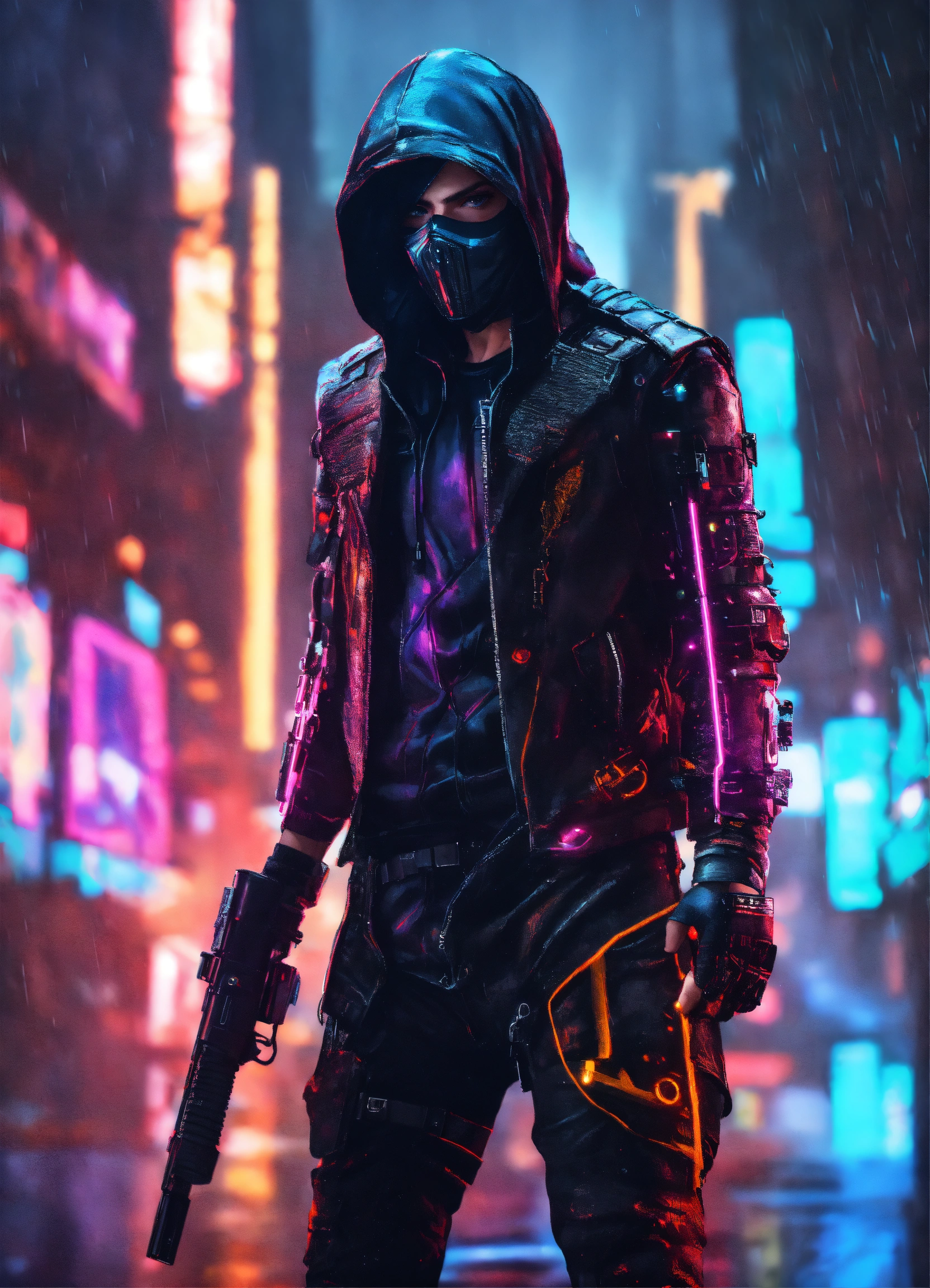 Lexica - Futuristic cyberpunk masked assassin, with arms open, firewall ...