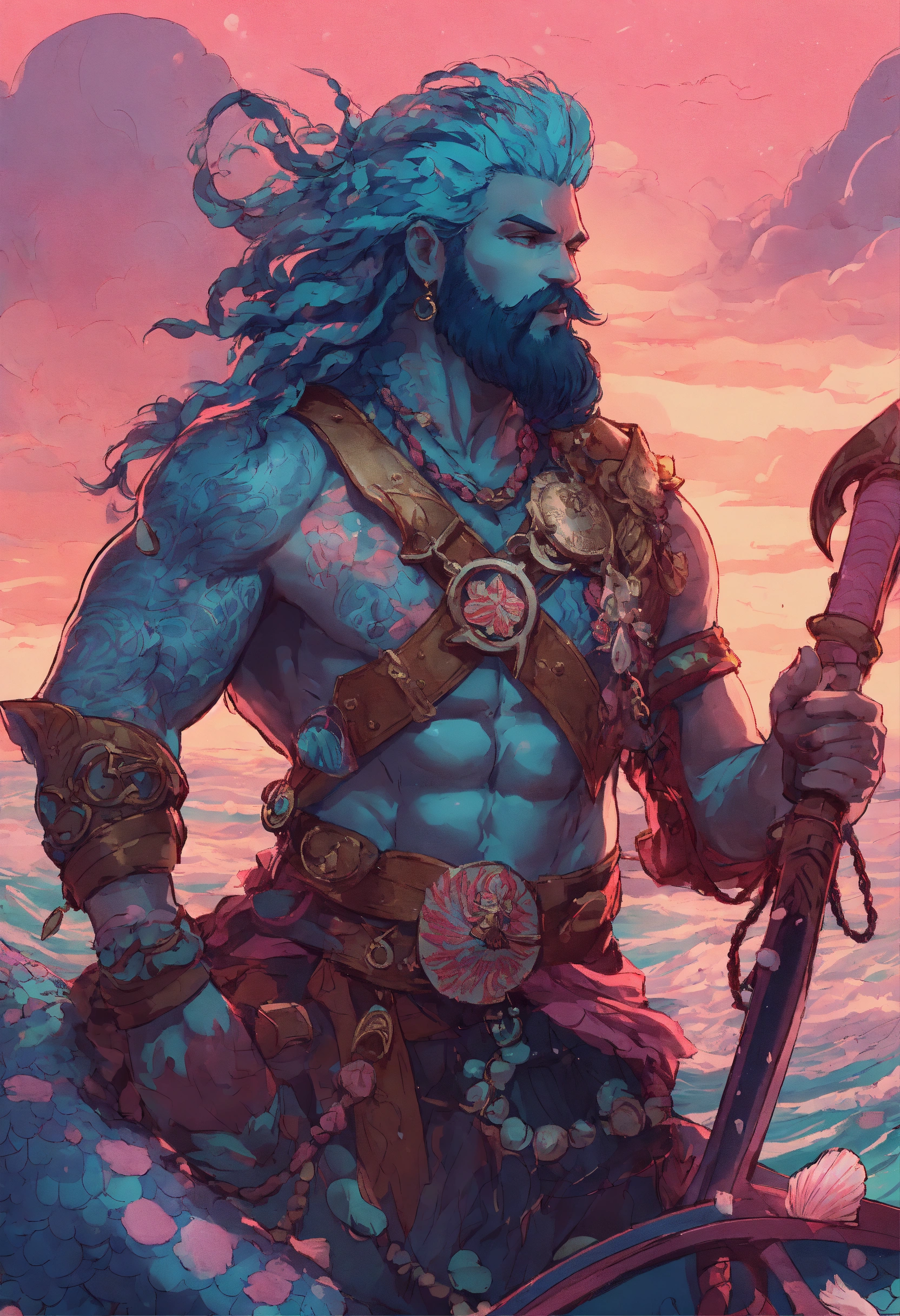 Lexica - A buff muscular Merman pirate with scales across his blue skin ...