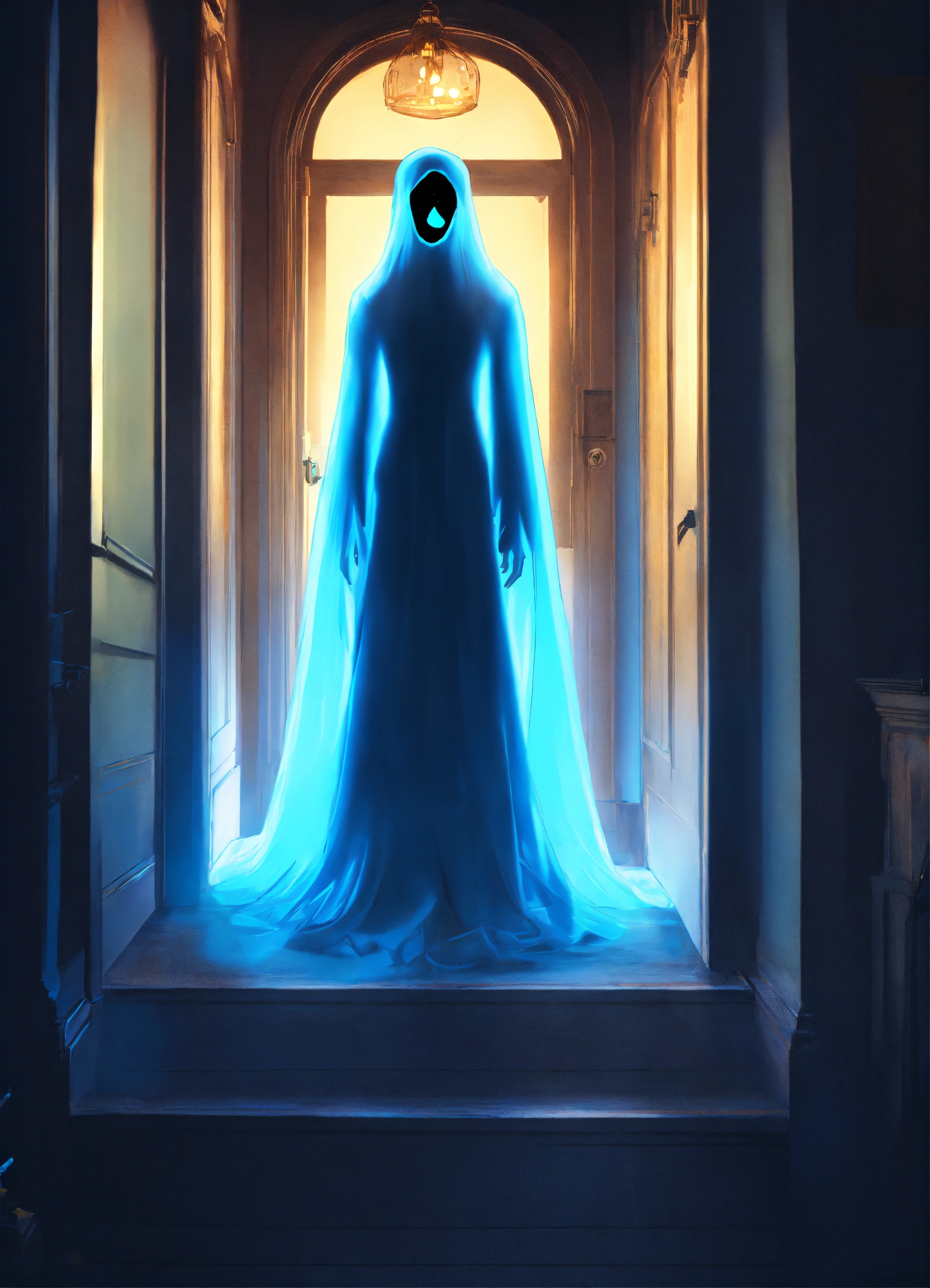 Lexica - Female ghost glowing blue light standing front of fourth wall