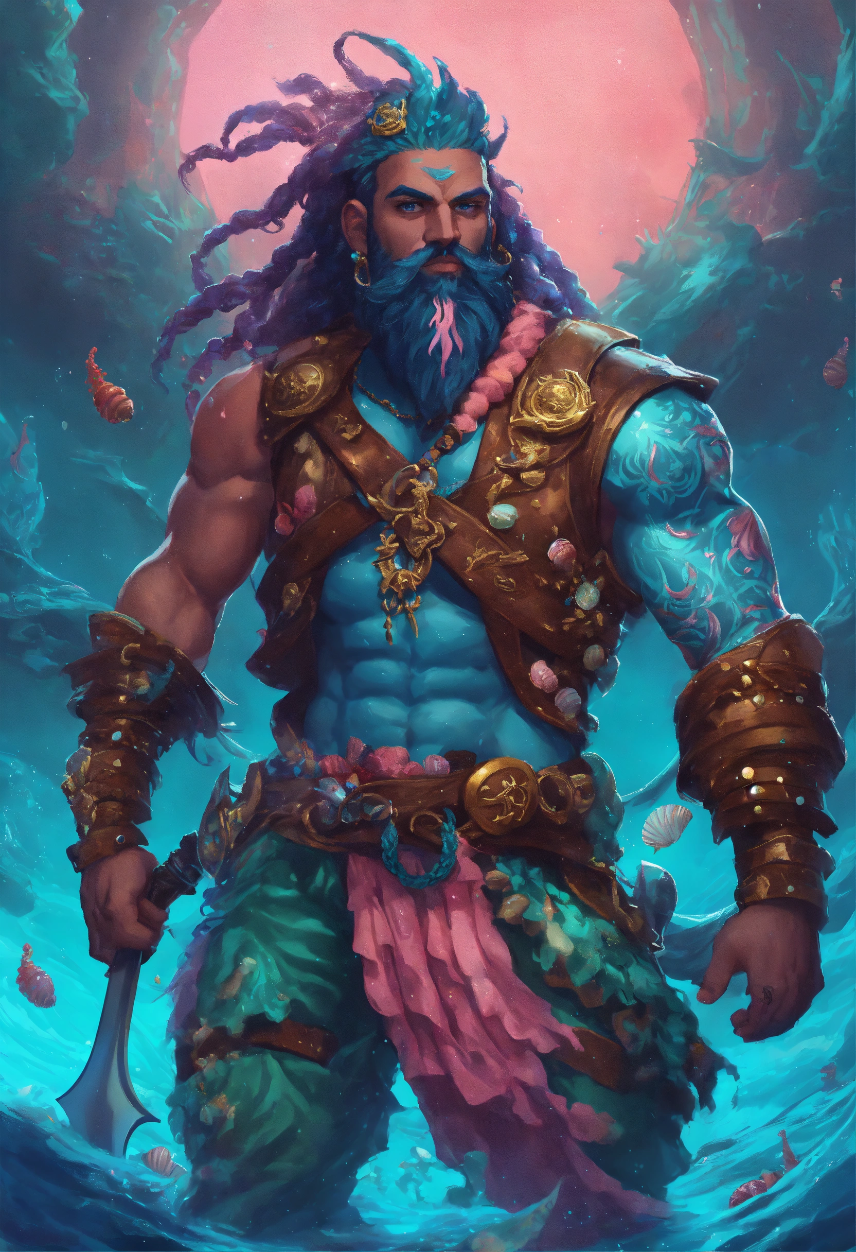 Lexica - A buff muscular Merman pirate with scales across his Blue skin ...