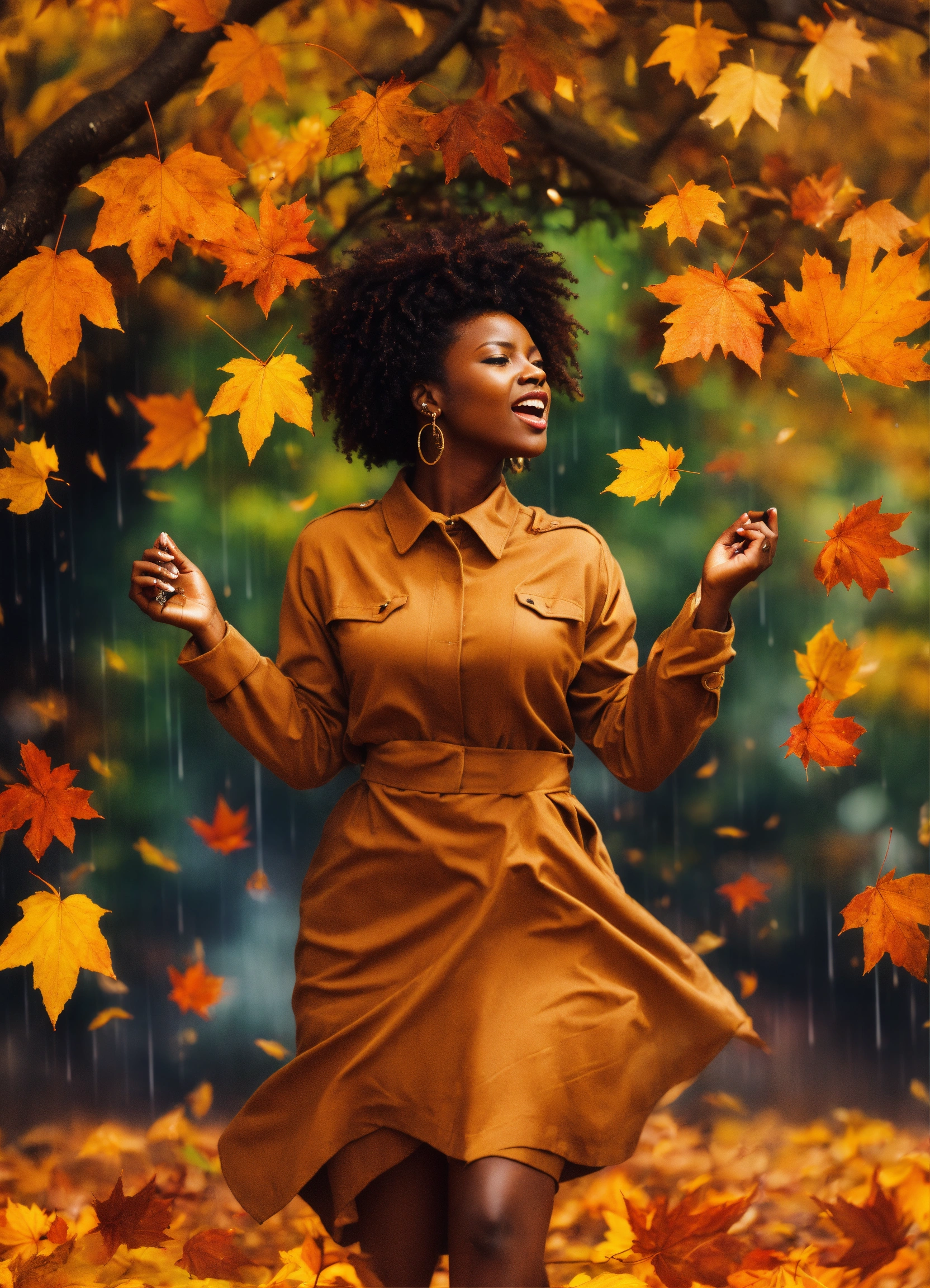 Lexica - Melanin lady singing in the rain, Autumn leaves