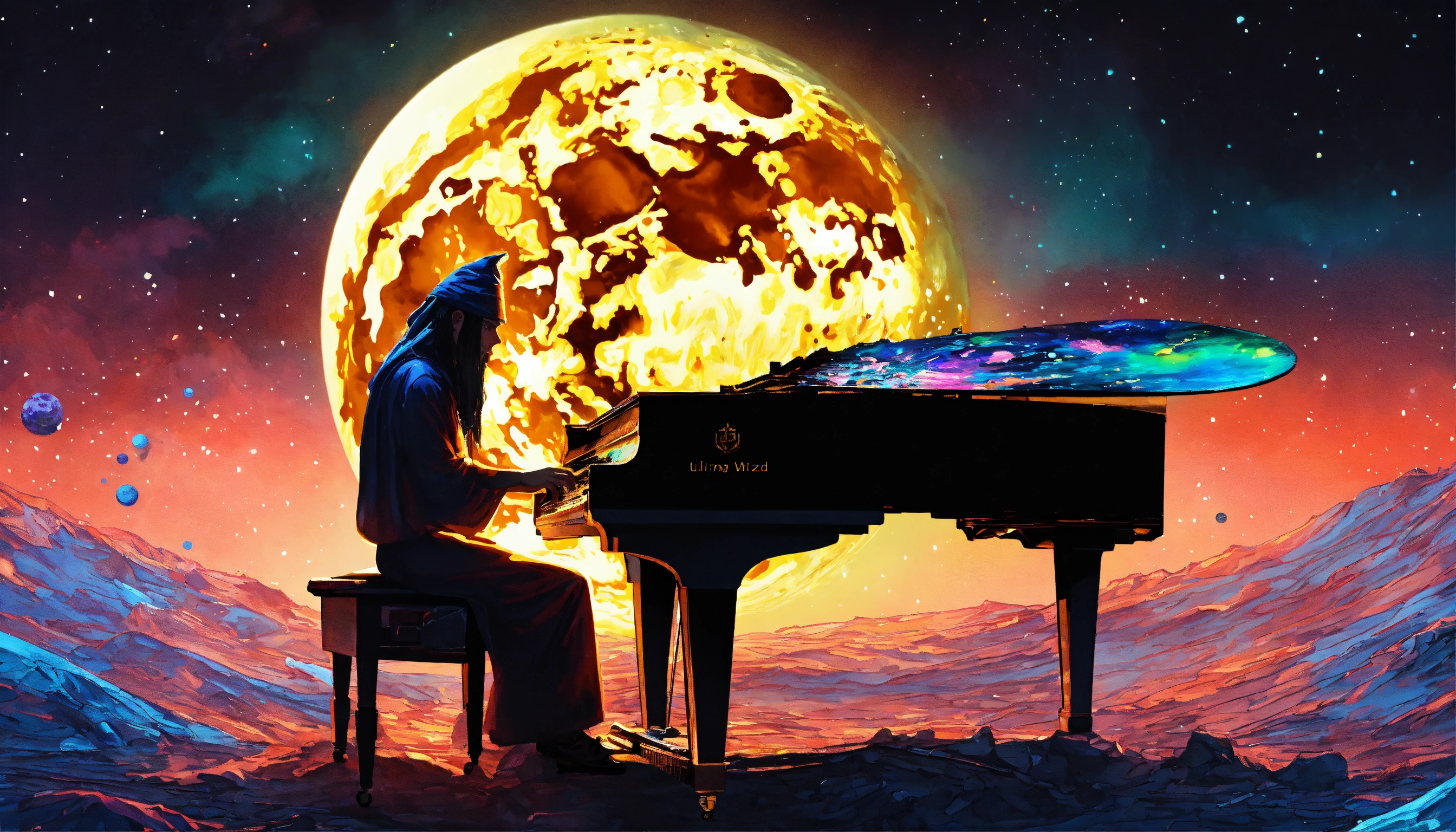 Lexica - Side profile of a wizard playing a piano on the moon. Piano is ...