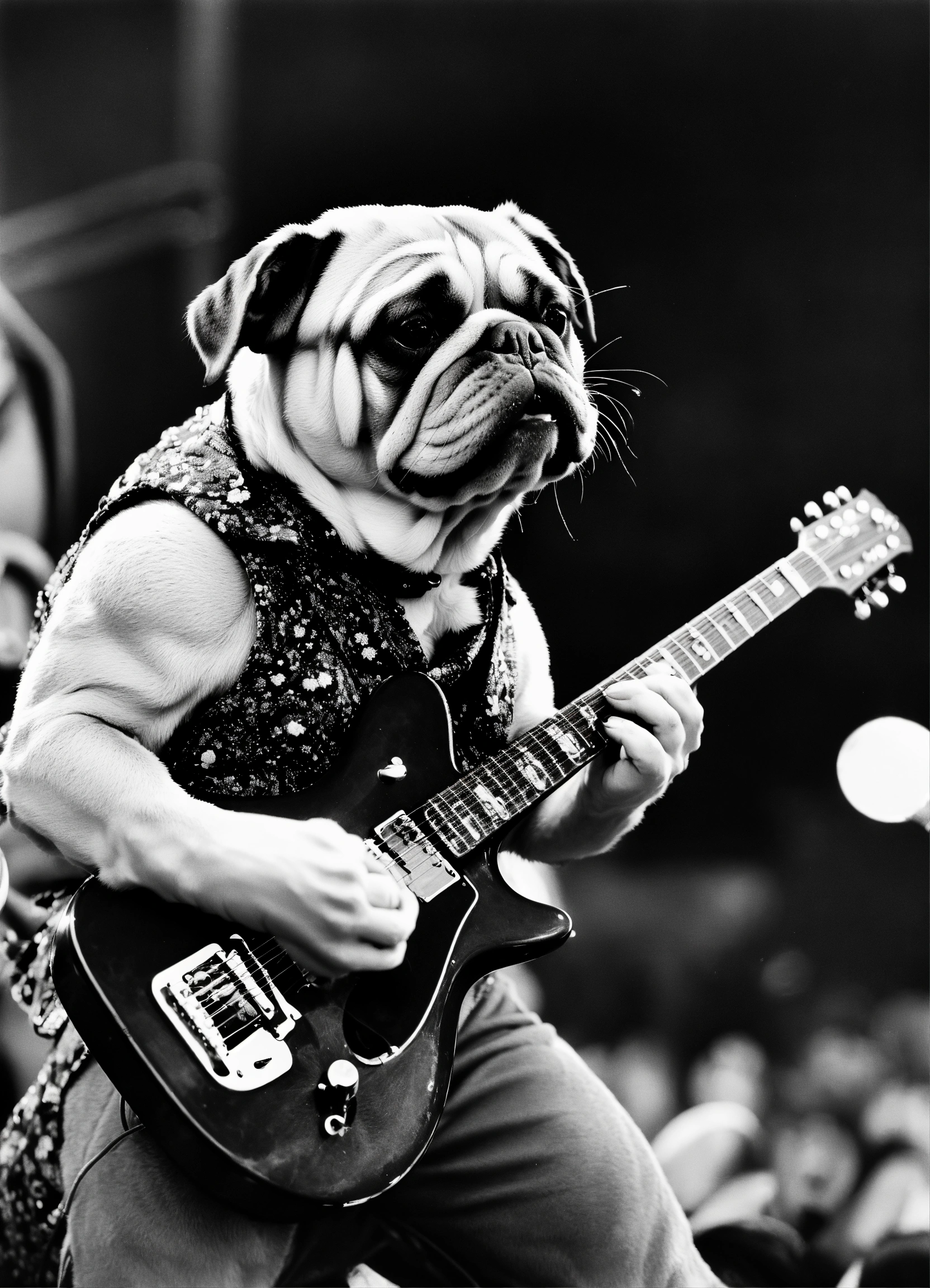 Lexica - A bulldog/pug playing guitar at a concert at Woodstock 1969 ...