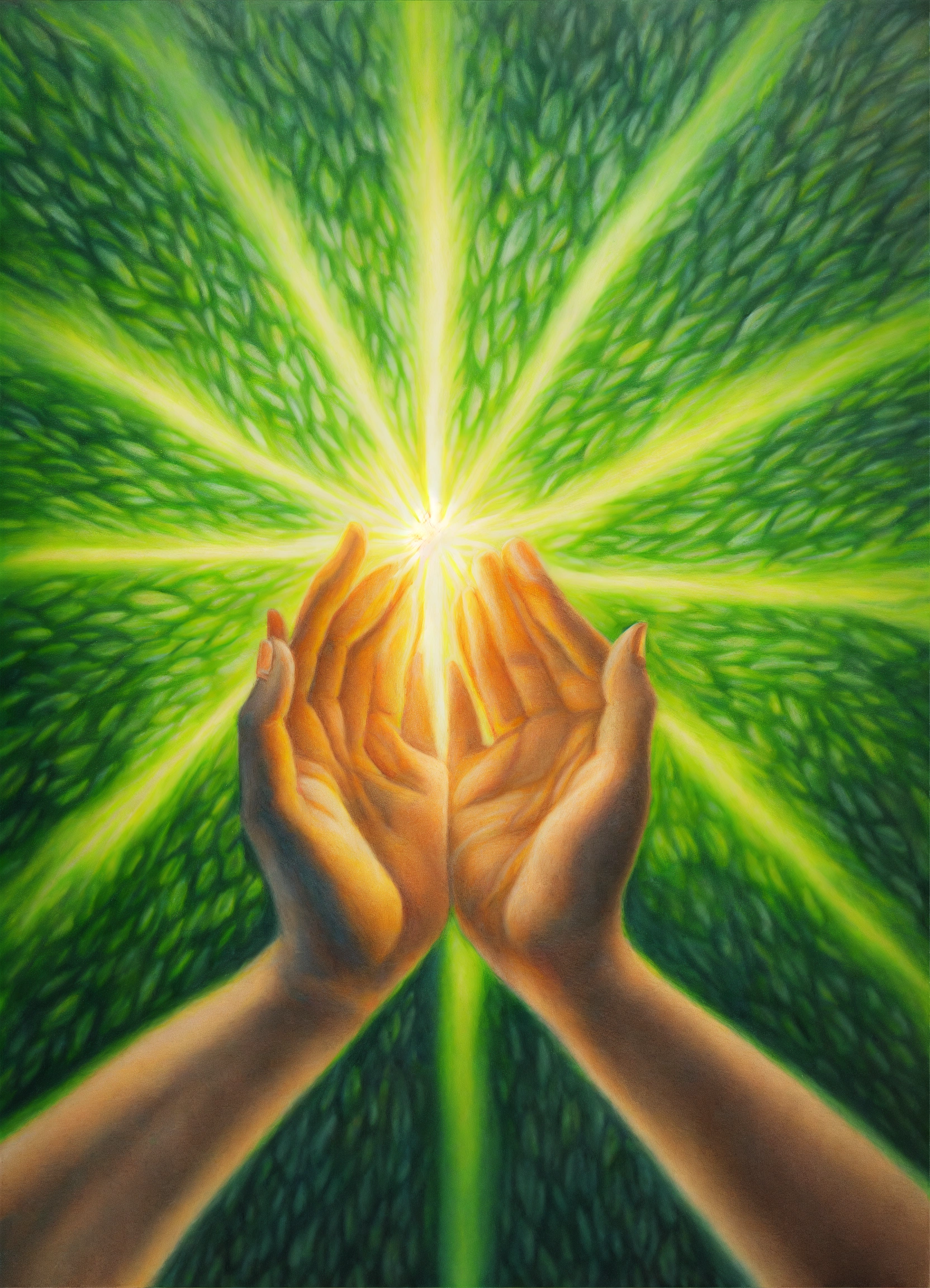 Lexica - Realistic colored pencil drawing of hands emanating a green ...