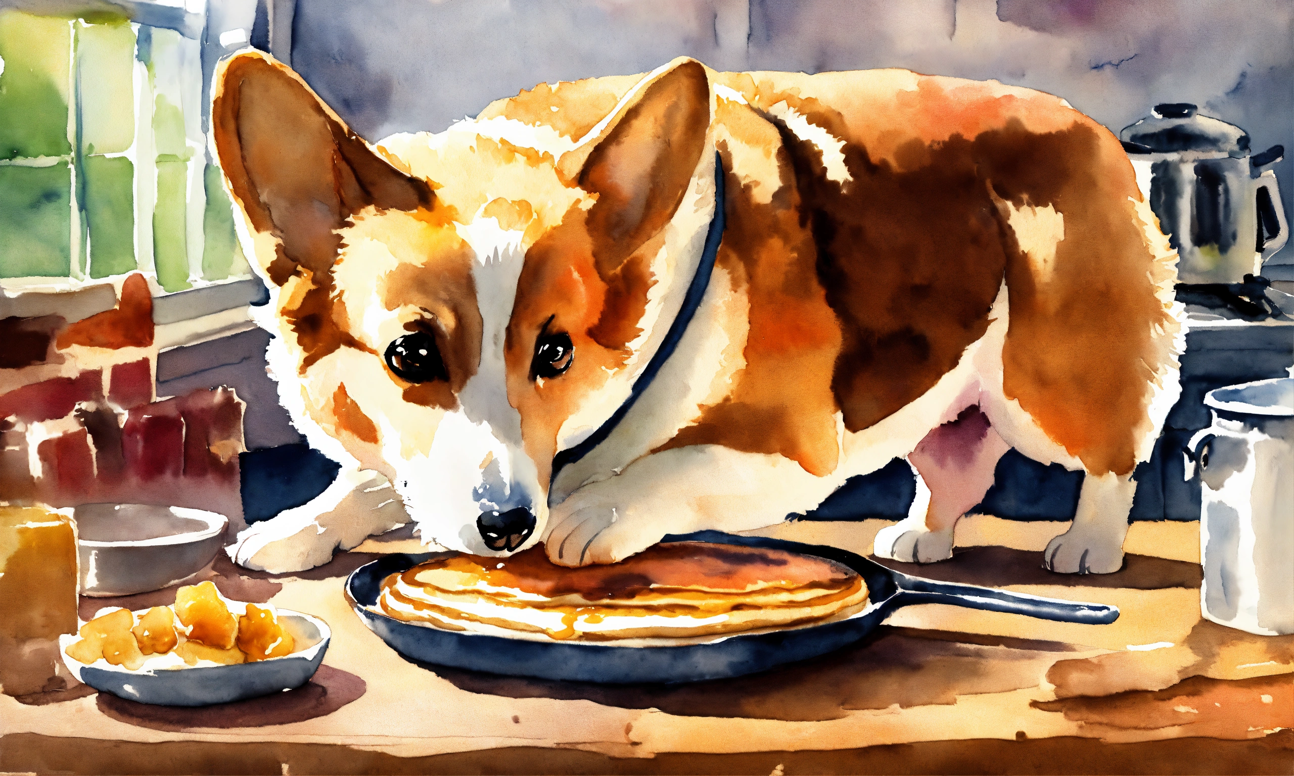 Lexica - Corgi cooking a pancake watercolor