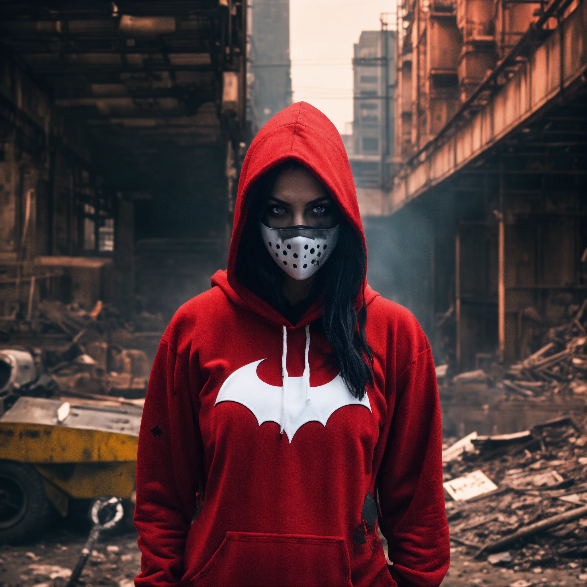 Lexica - Eerie girl, in a red hoodie and fully red ski mask, eyes only ...