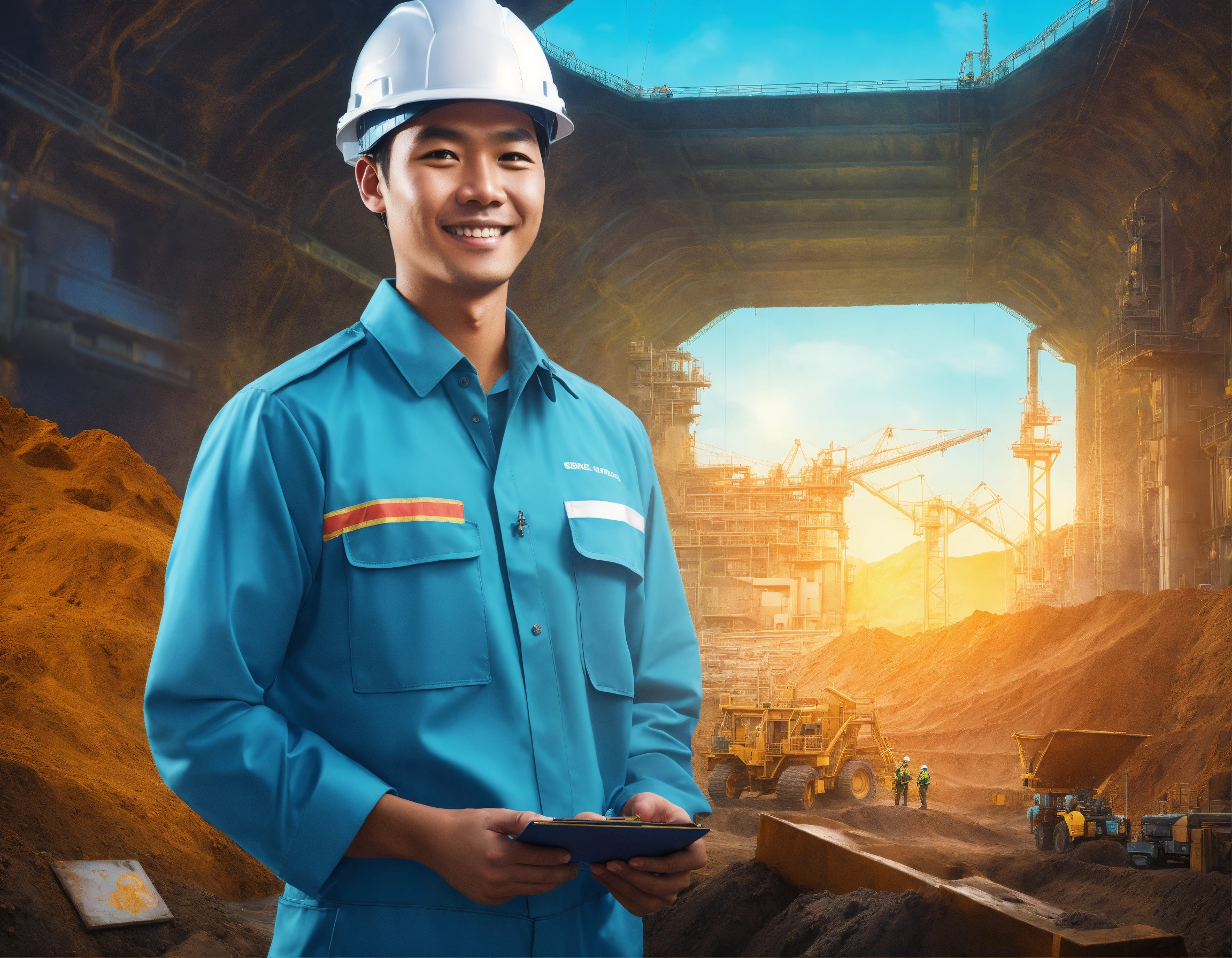 Lexica - Young technical officer wearing light blue engineering uniform, security helmet ...