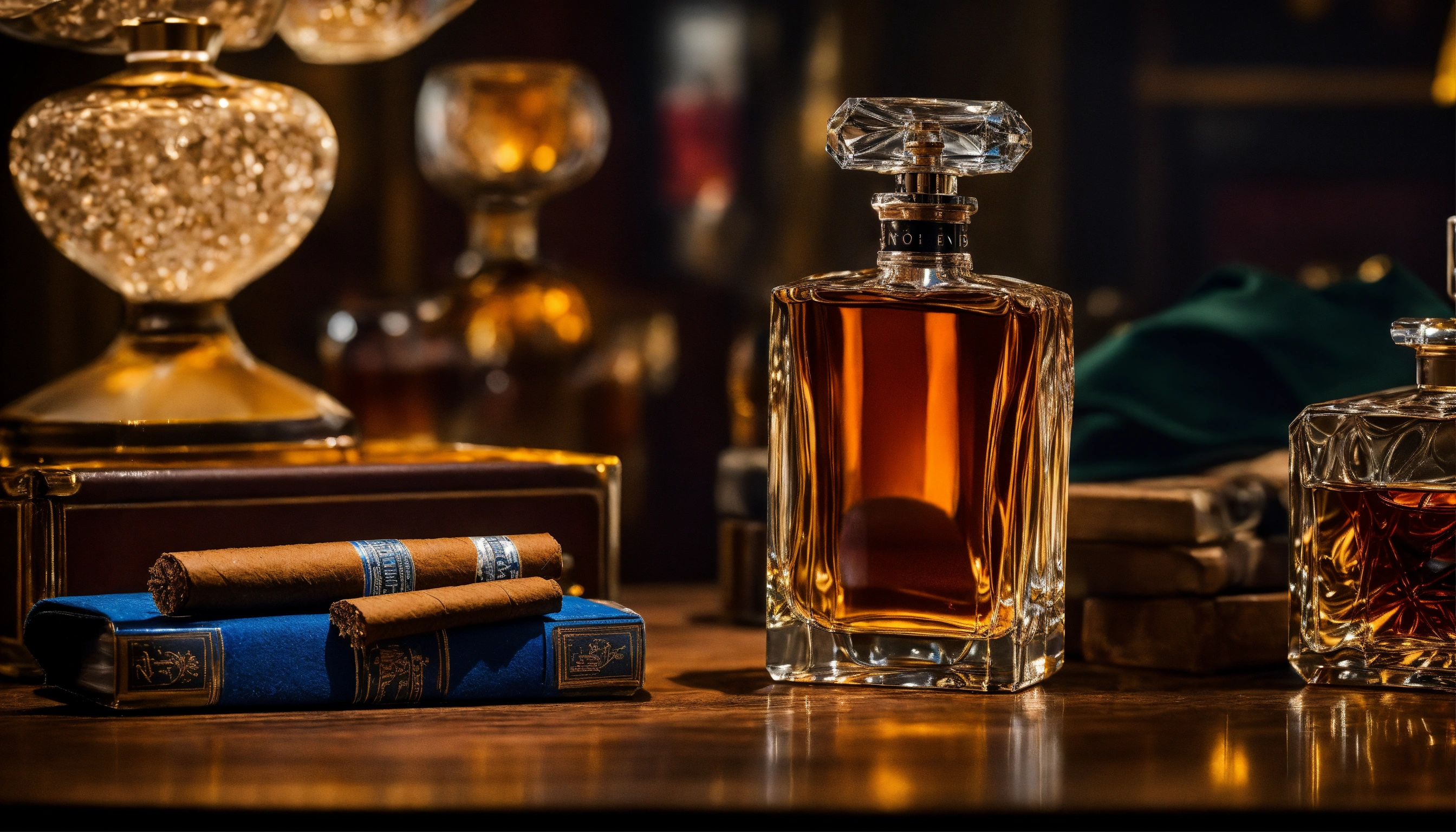 Lexica - Full length view, a table full of perfume bottle, A smoking ...