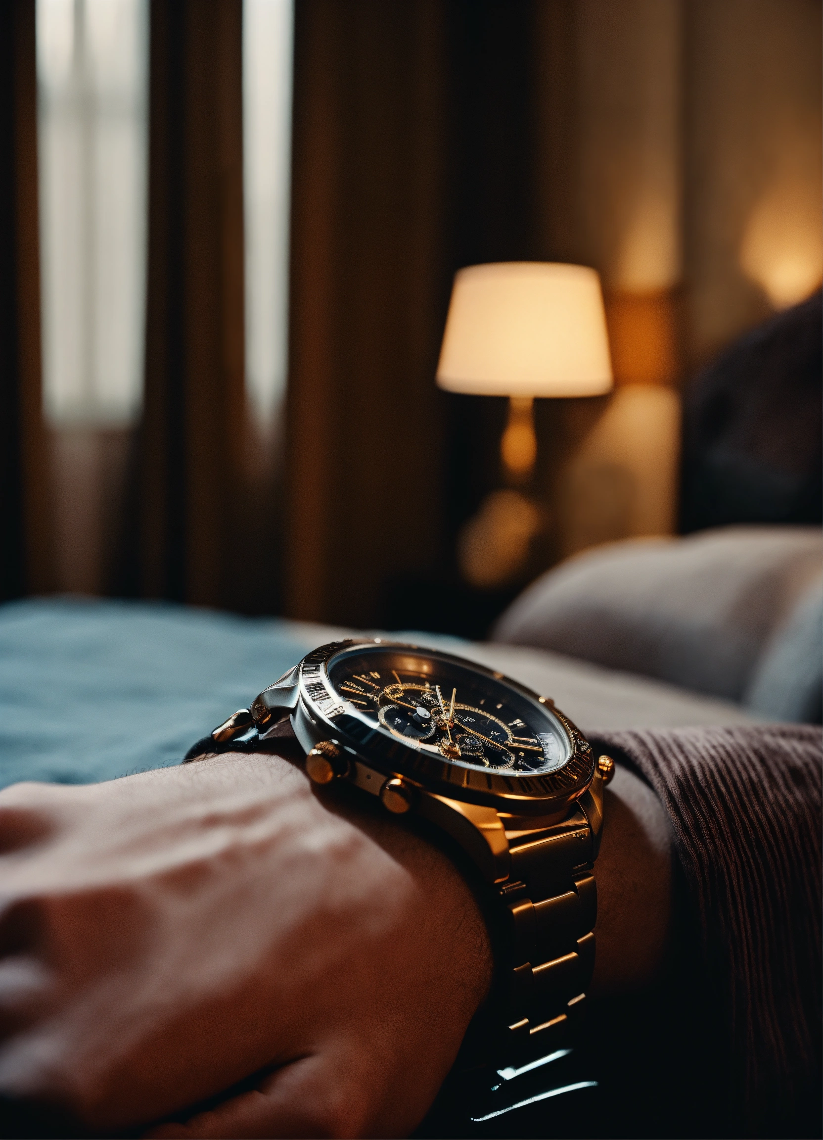 Lexica - Zoom in on handcuffed hands (expensive watch), hotel room in ...