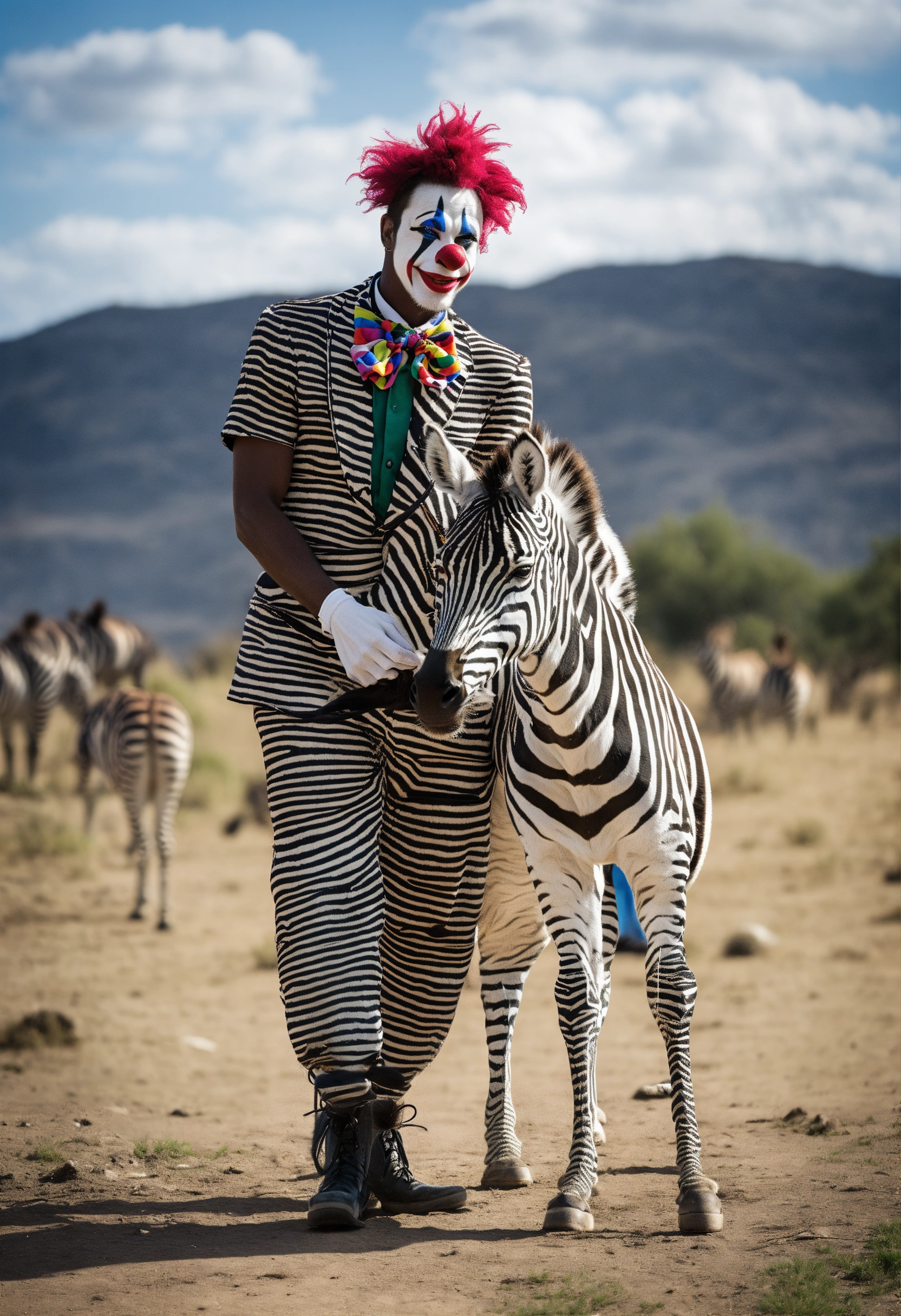 Lexica - A black and white clown holds a small zebra in his hands