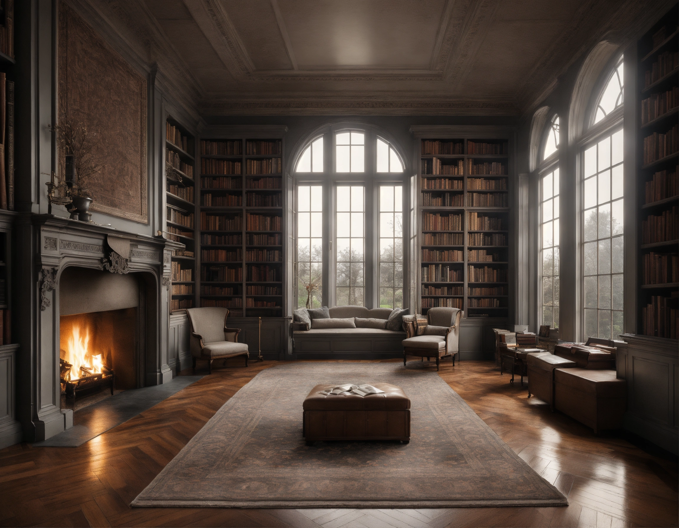 Lexica - Beautiful library with wooden floor, fireplace, carpets, piano ...