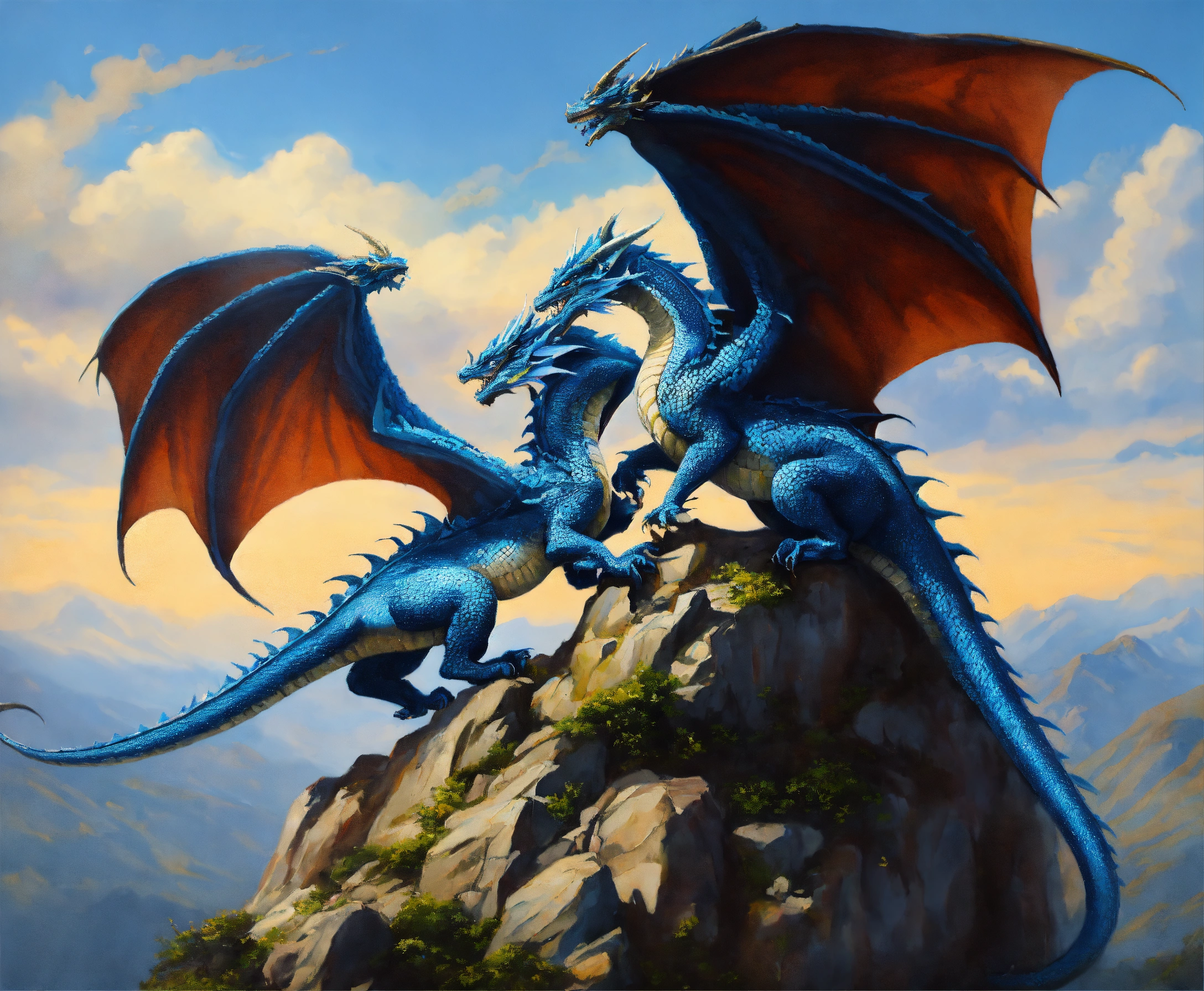 Lexica - Oil painting of two blue dragons touching each other on top of ...