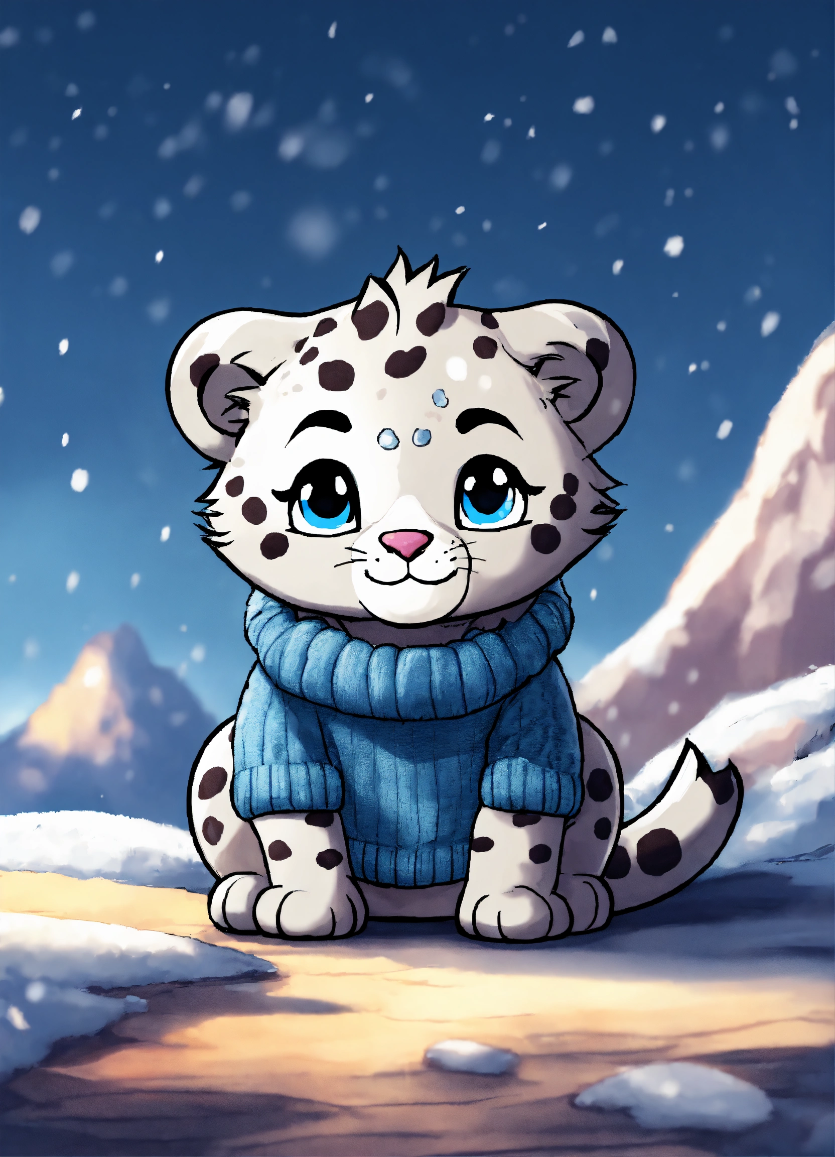 Lexica - Snow leopard in a blue sweater Cute 2d simple cartoon