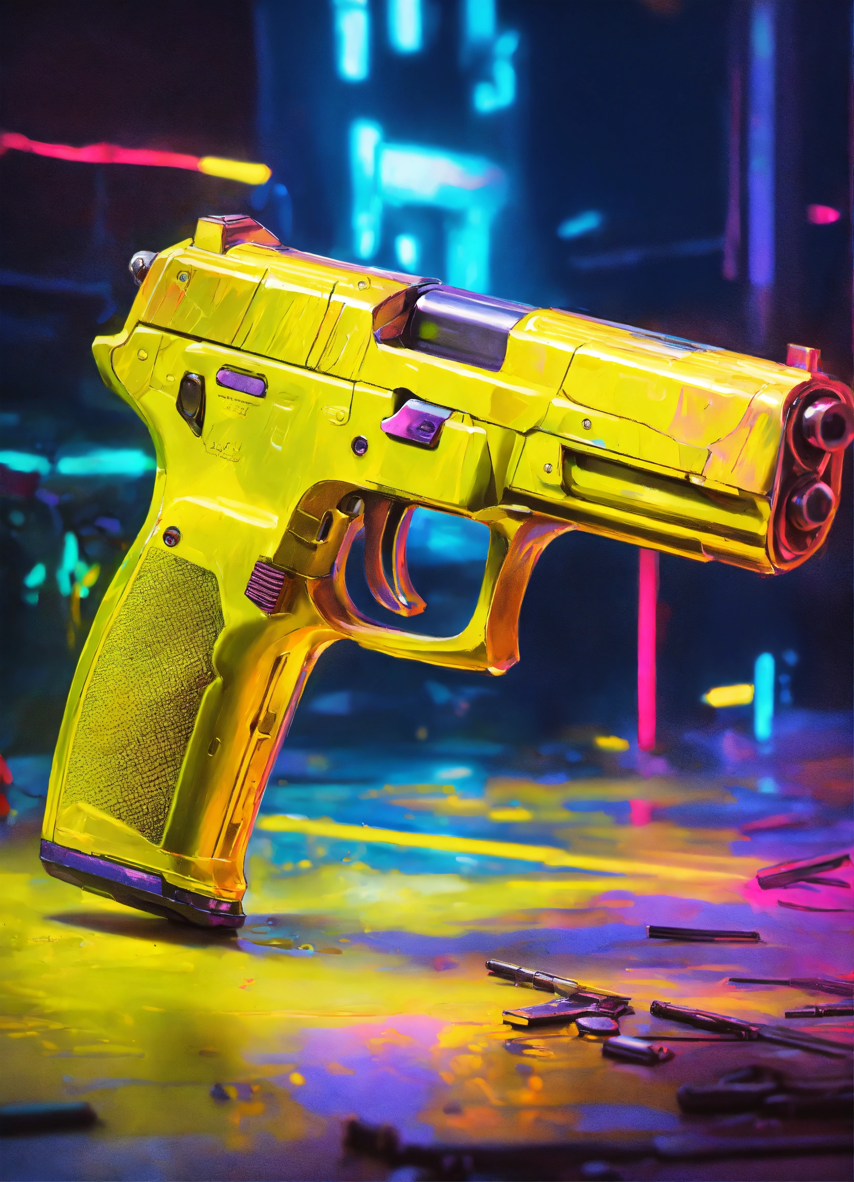 Lexica - Neon slightly glowing bright yellow cyberpunk handgun hyper ...