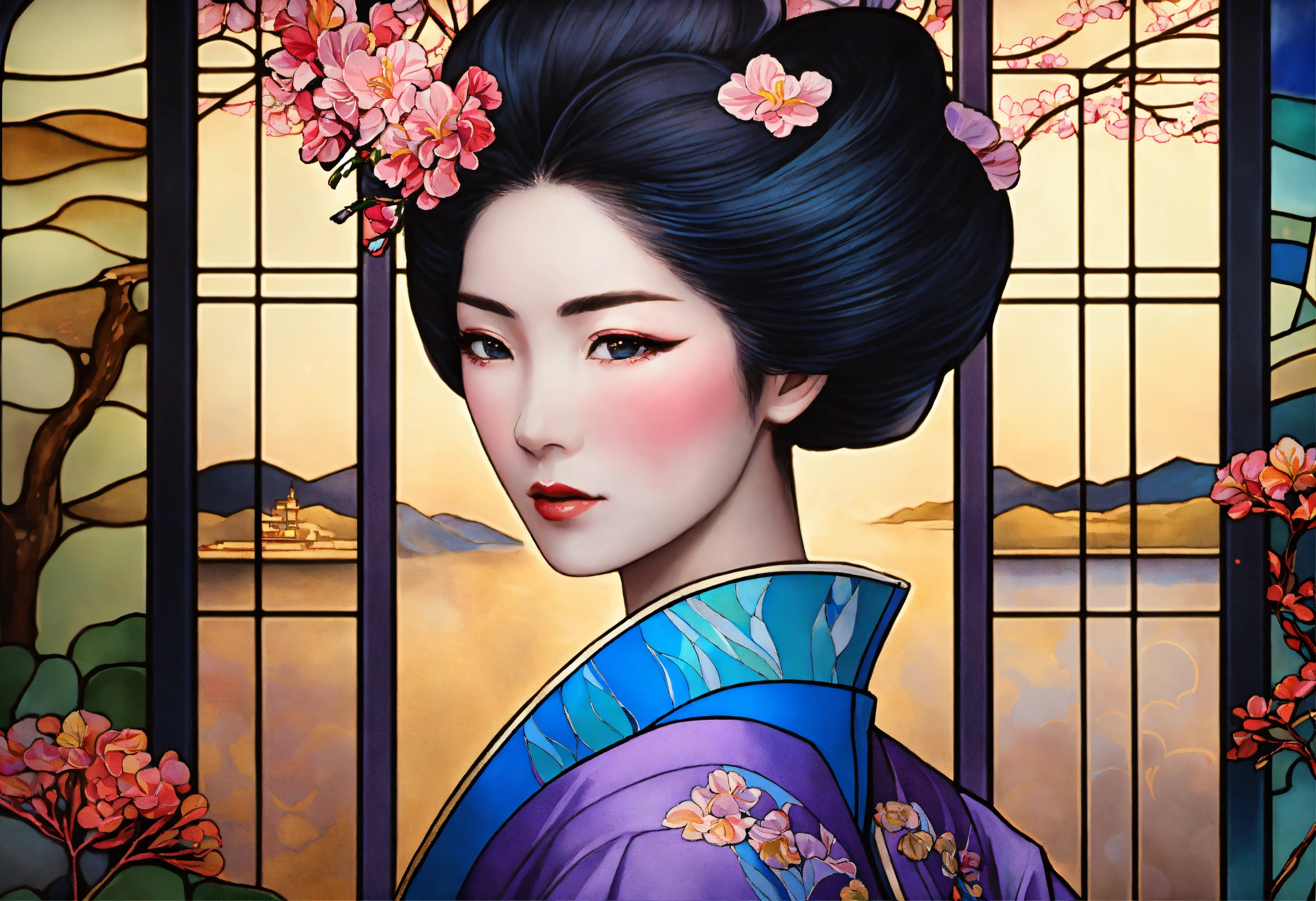Lexica - Portrait of a geisha in Art Nouveau style, dressed in a kimono ...
