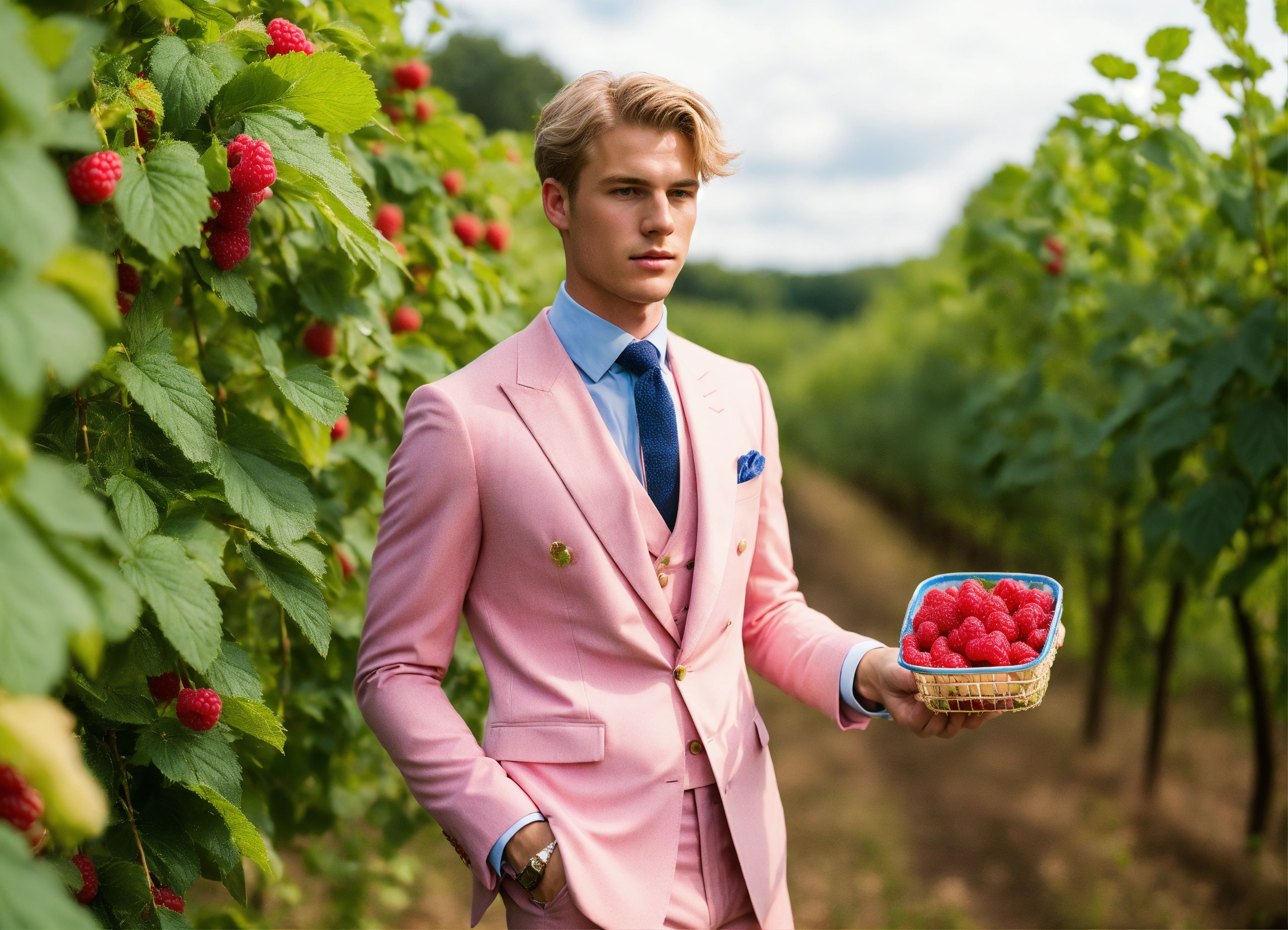 Lexica - A young blonde gentleman in light pink double breasted suit ...