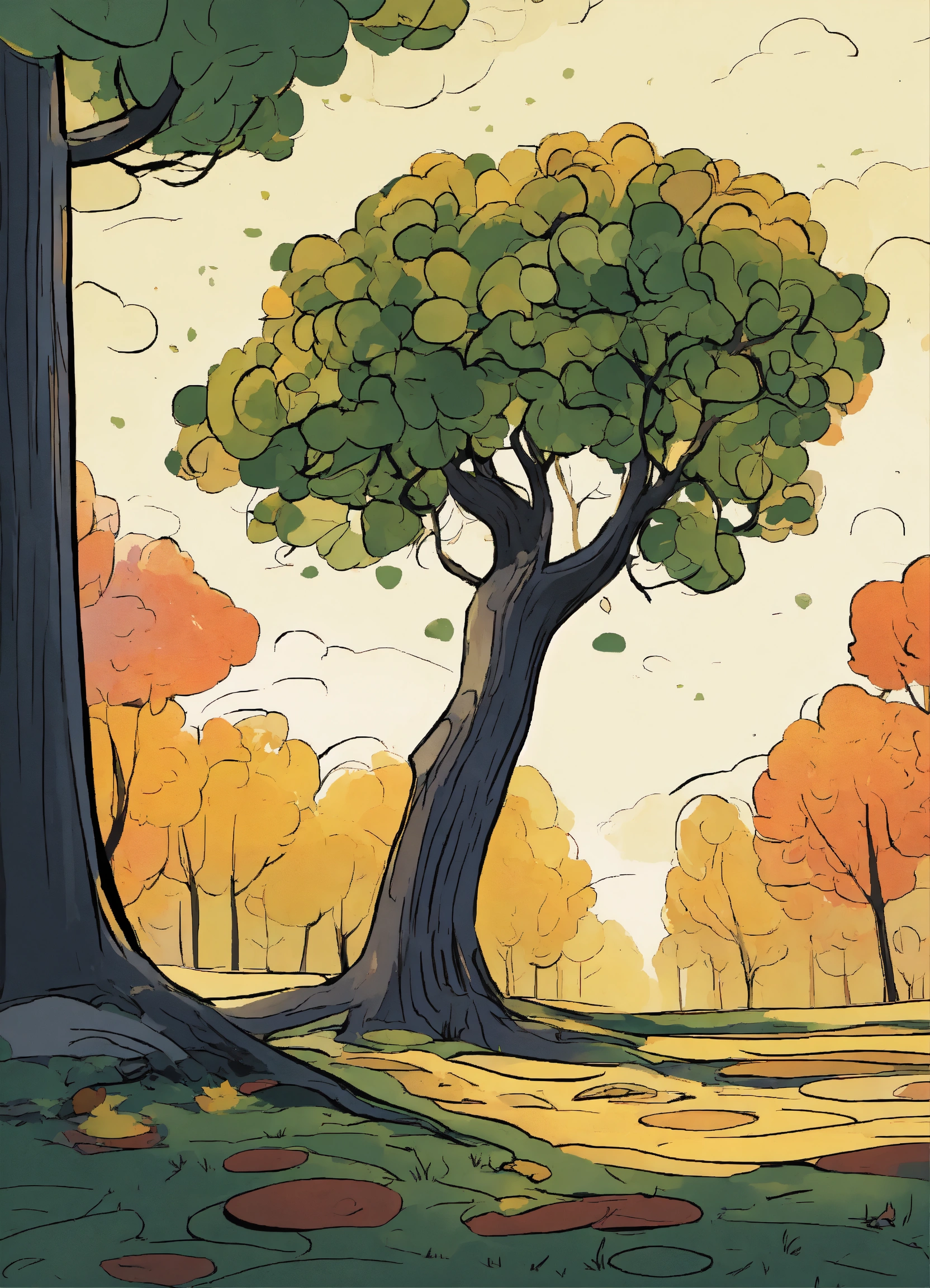 Lexica - Cartoon tree fading into white, black outlines, white ...