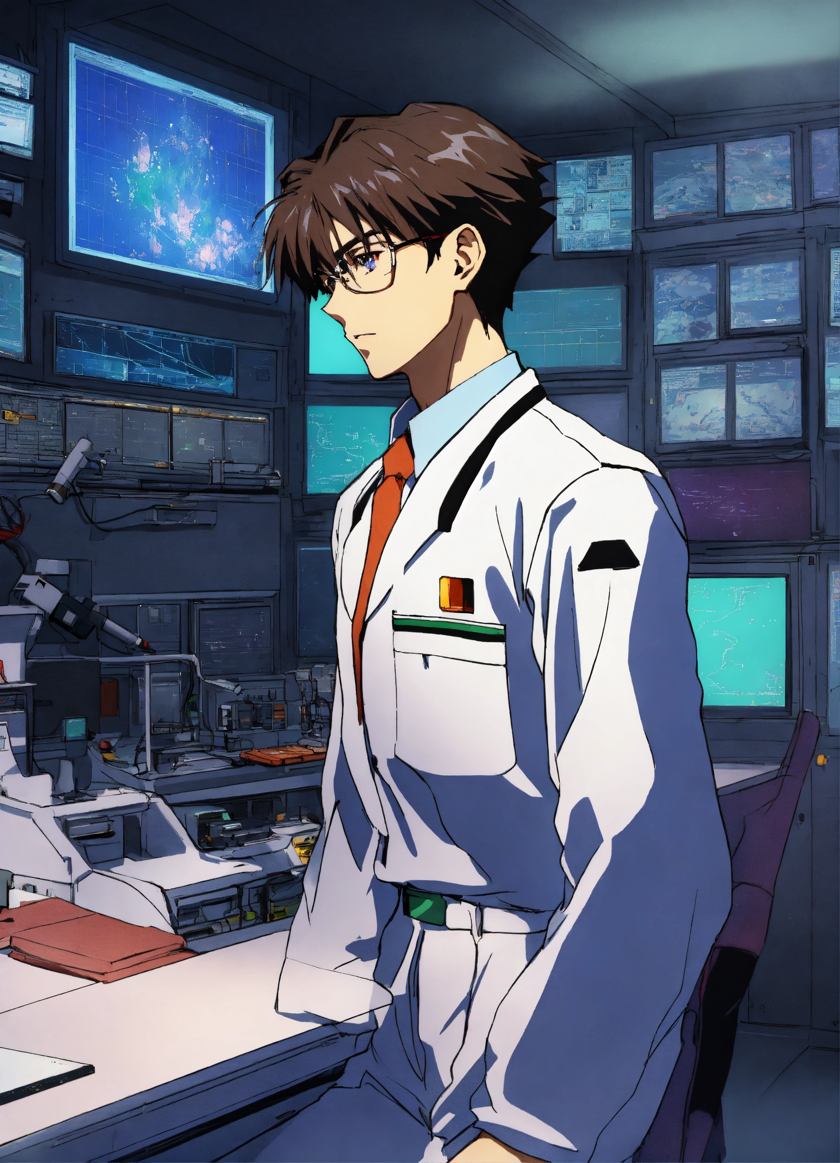 Lexica - Portrait of Shinji Ikari from Neon Genesis Evangelion, inside the NERV lab with lots of ...
