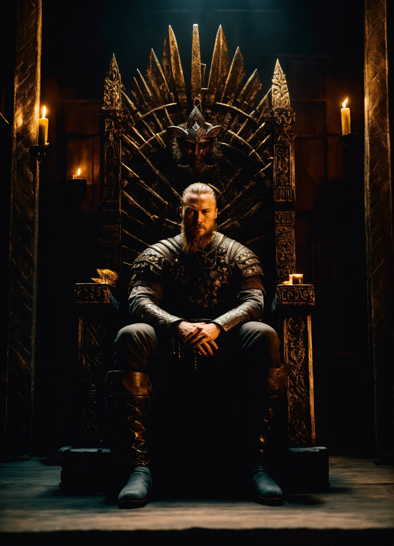 Lexica - Ragnar lothbrok sitting on a wodden throne in a dark room and ...