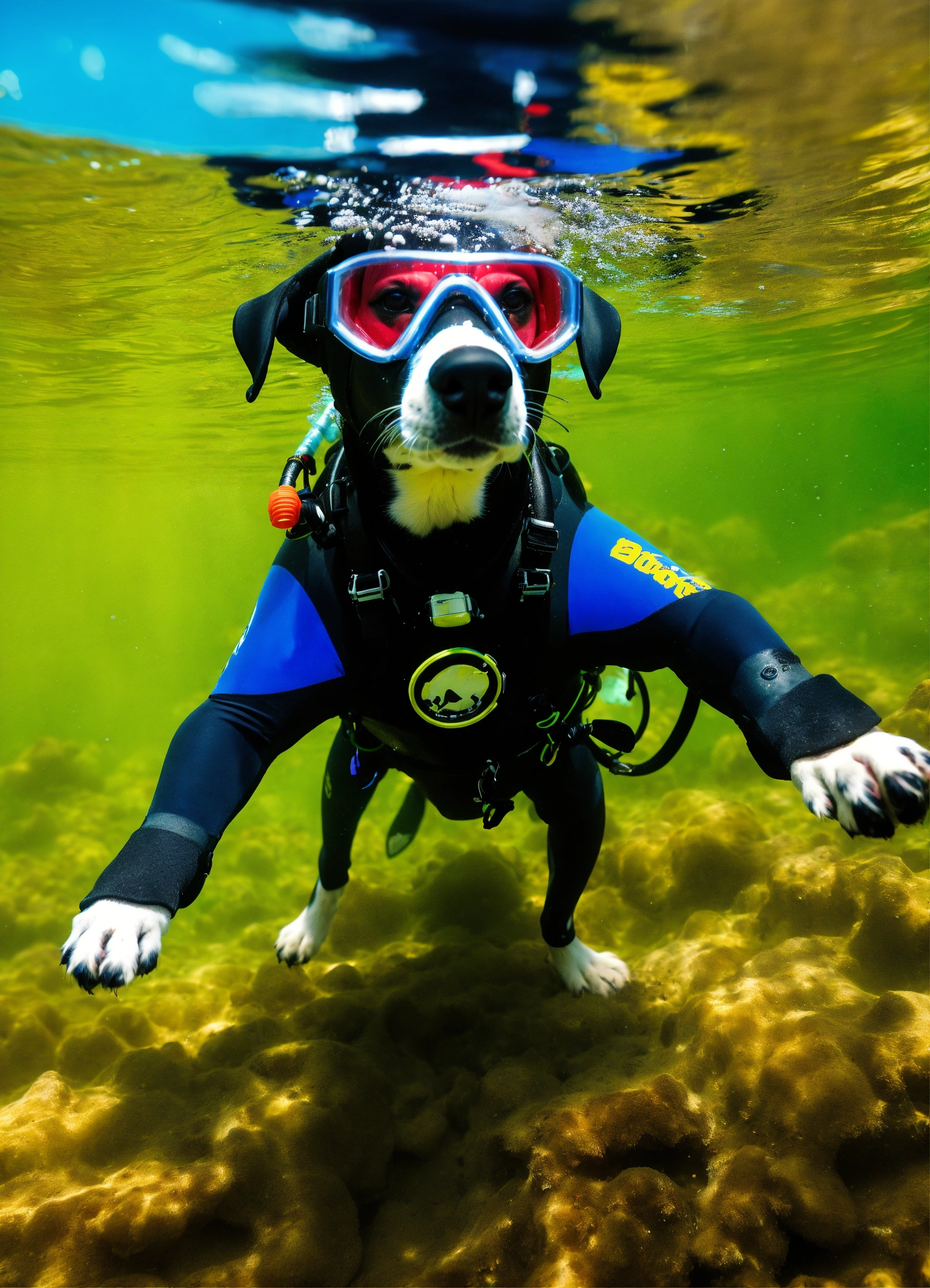 Lexica - Generate an image of a dog biking underwater in a scuba diver ...