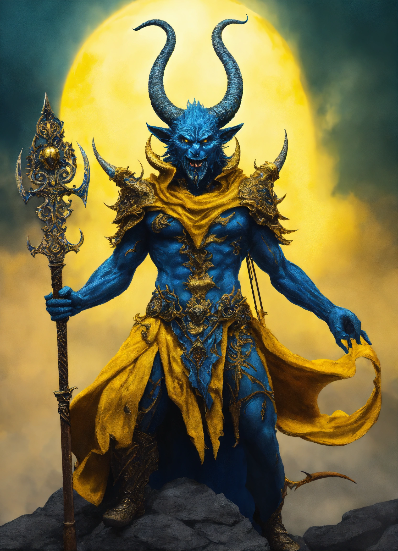 Lexica - Evil demonic yellow and blue devil, holding a trident, ominous ...