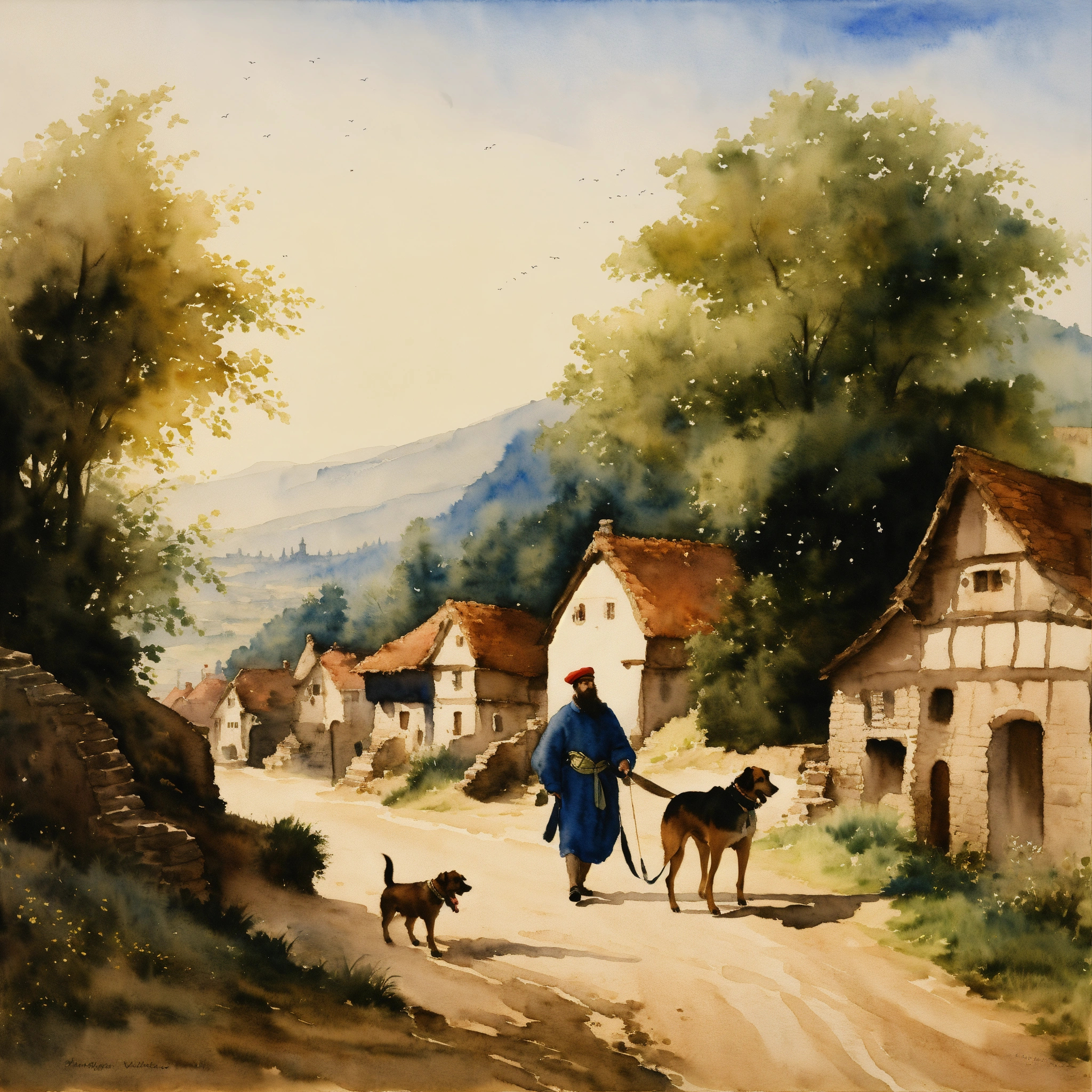 Lexica - Watercolor, merchant with his dog walking towards a village