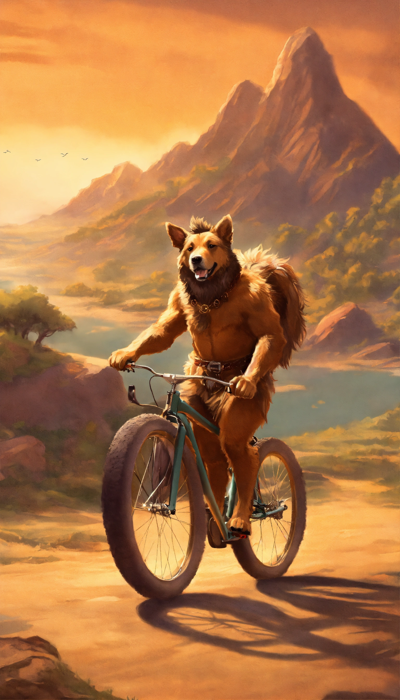 Lexica - Design an image of a dog biking through a prehistoric ...