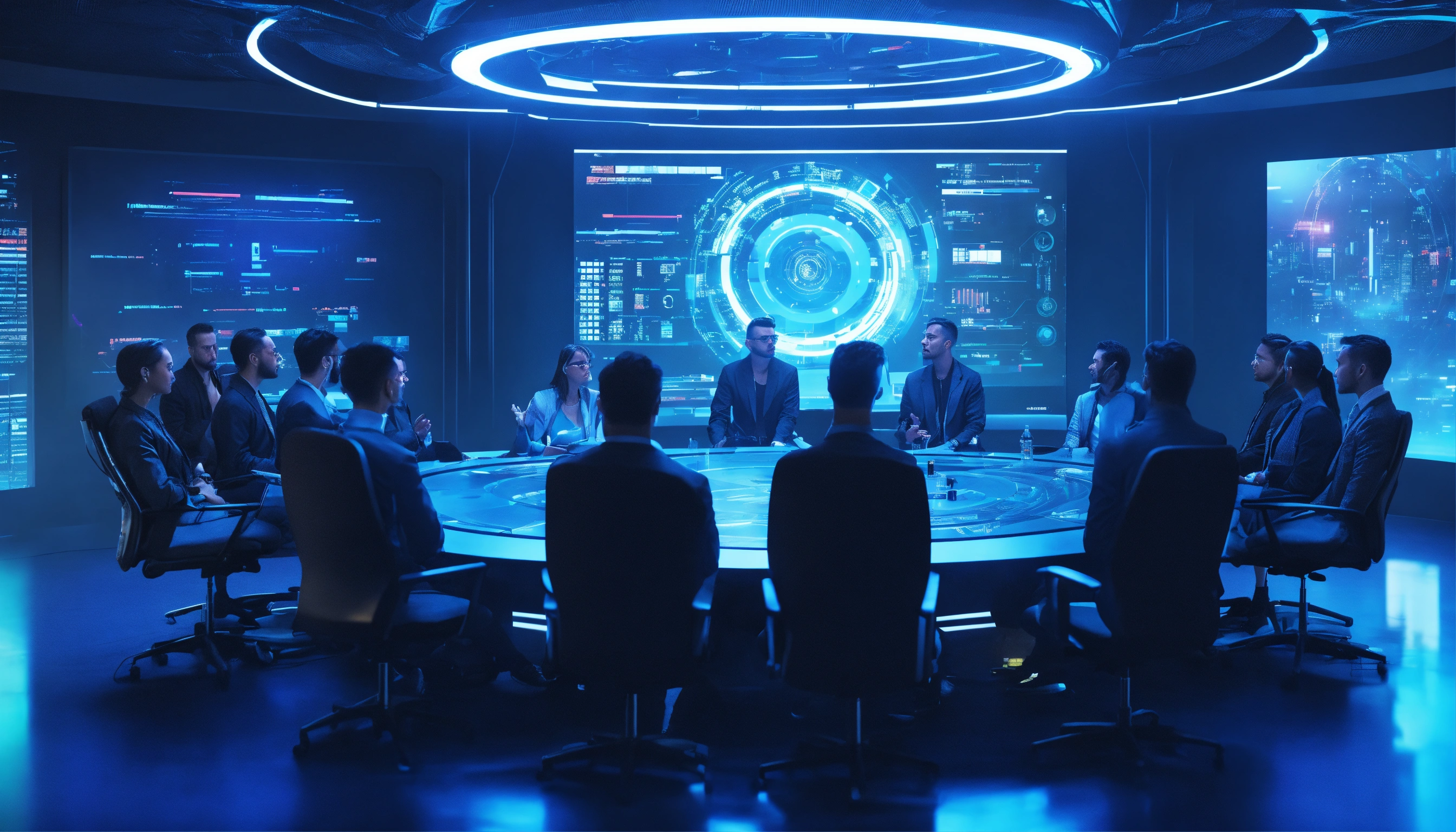 Lexica - High-tech conference room, round cyber table, people siting ...