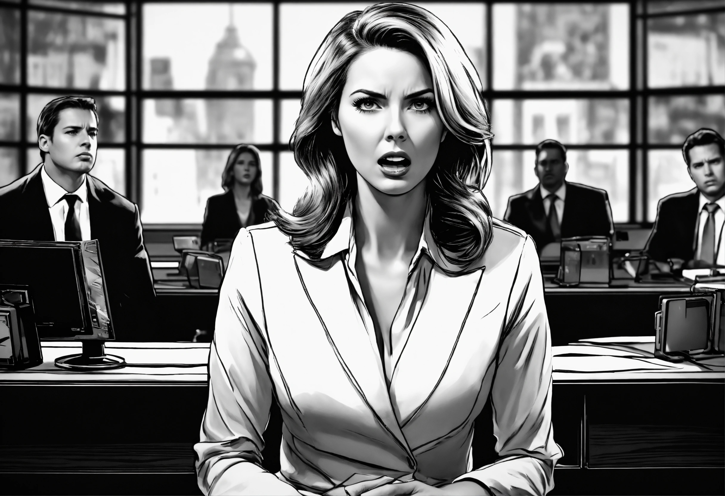 Lexica - Black and white illustration female news reporter, facing ...
