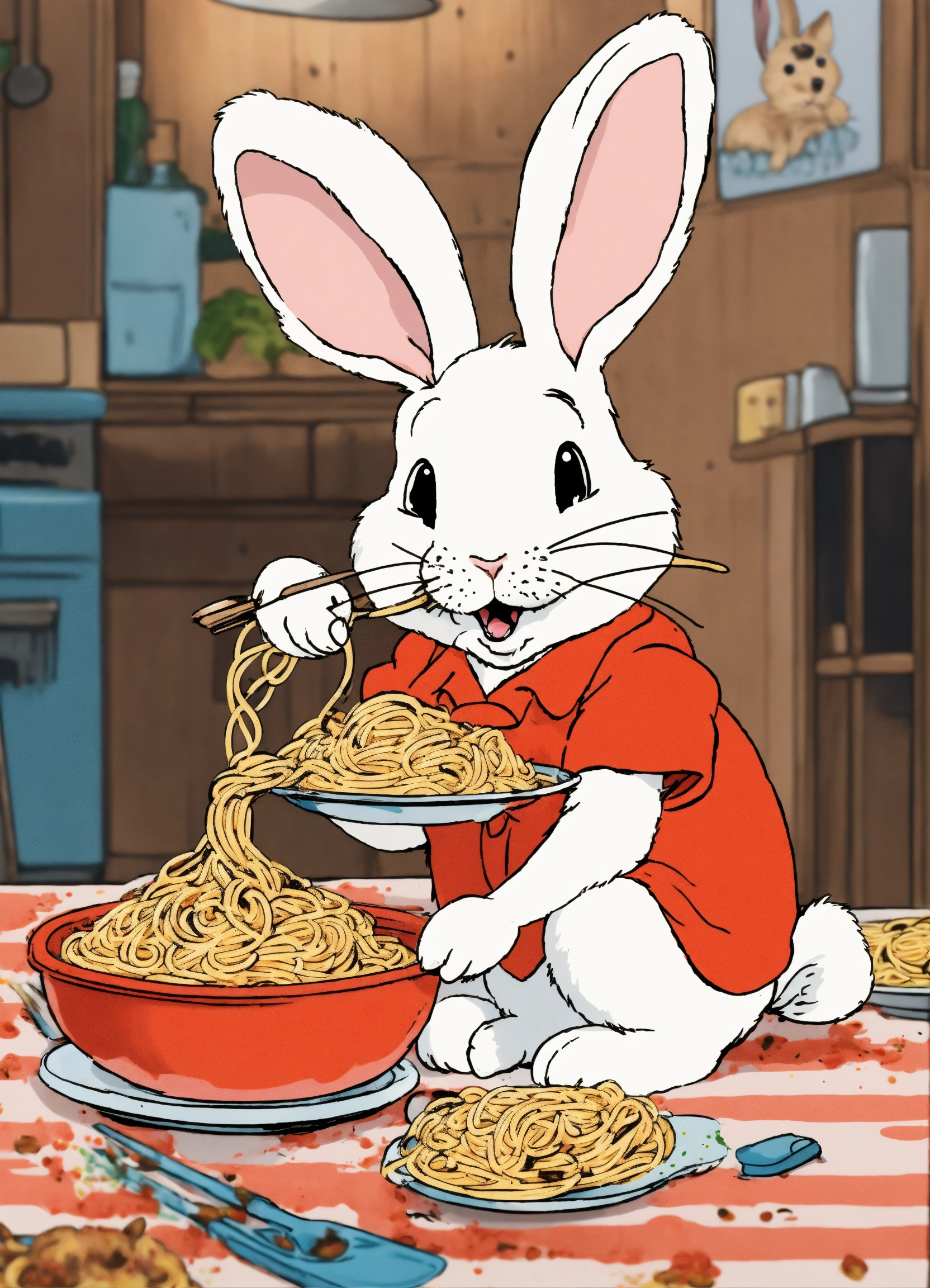 Lexica - A cute white with brown spots rabbit eating messy spaghetti ...