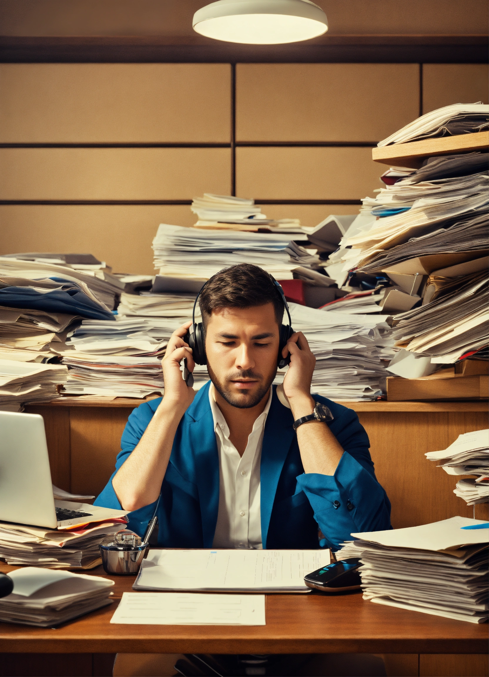 Lexica - A MAN SITTING AT A DESK COMPUTER PHONE A LOT OF DOCUMENTS ...