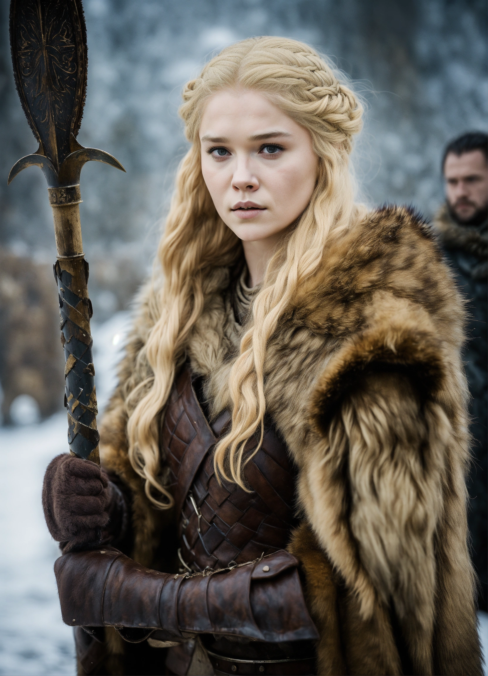 Lexica - Game of thrones blonde wildling warrior girl in furs with a spear