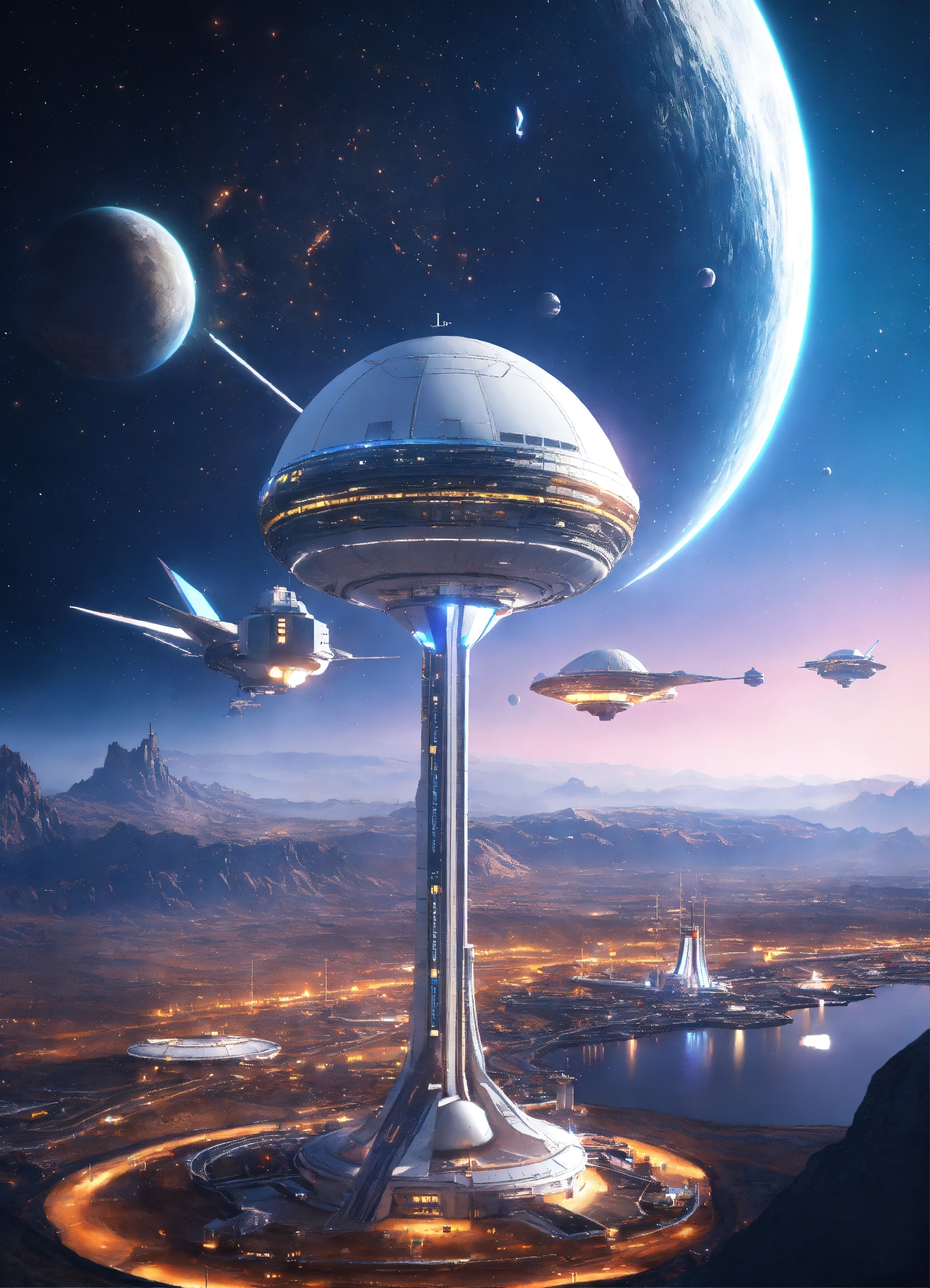 Lexica - Beautiful white spaceport flying floating in deep space ...