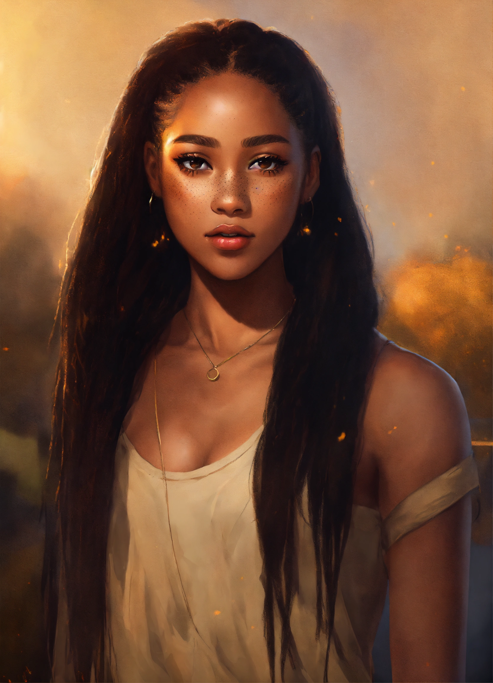 Lexica - Light skinned black female, straight long ponytail, freckles ...