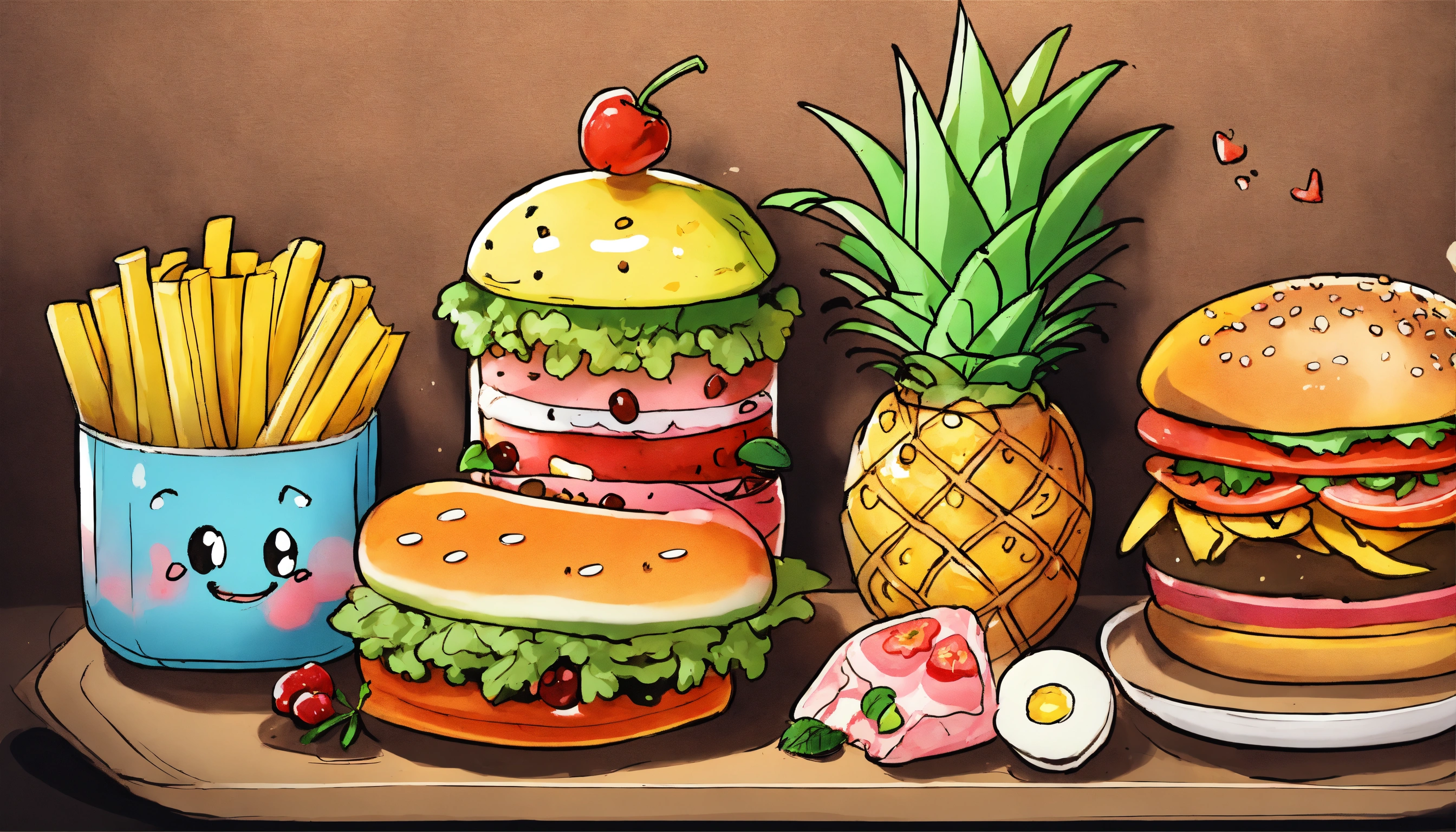 Lexica - Colorful, kawaii chibi food items on pale black paper, very ...