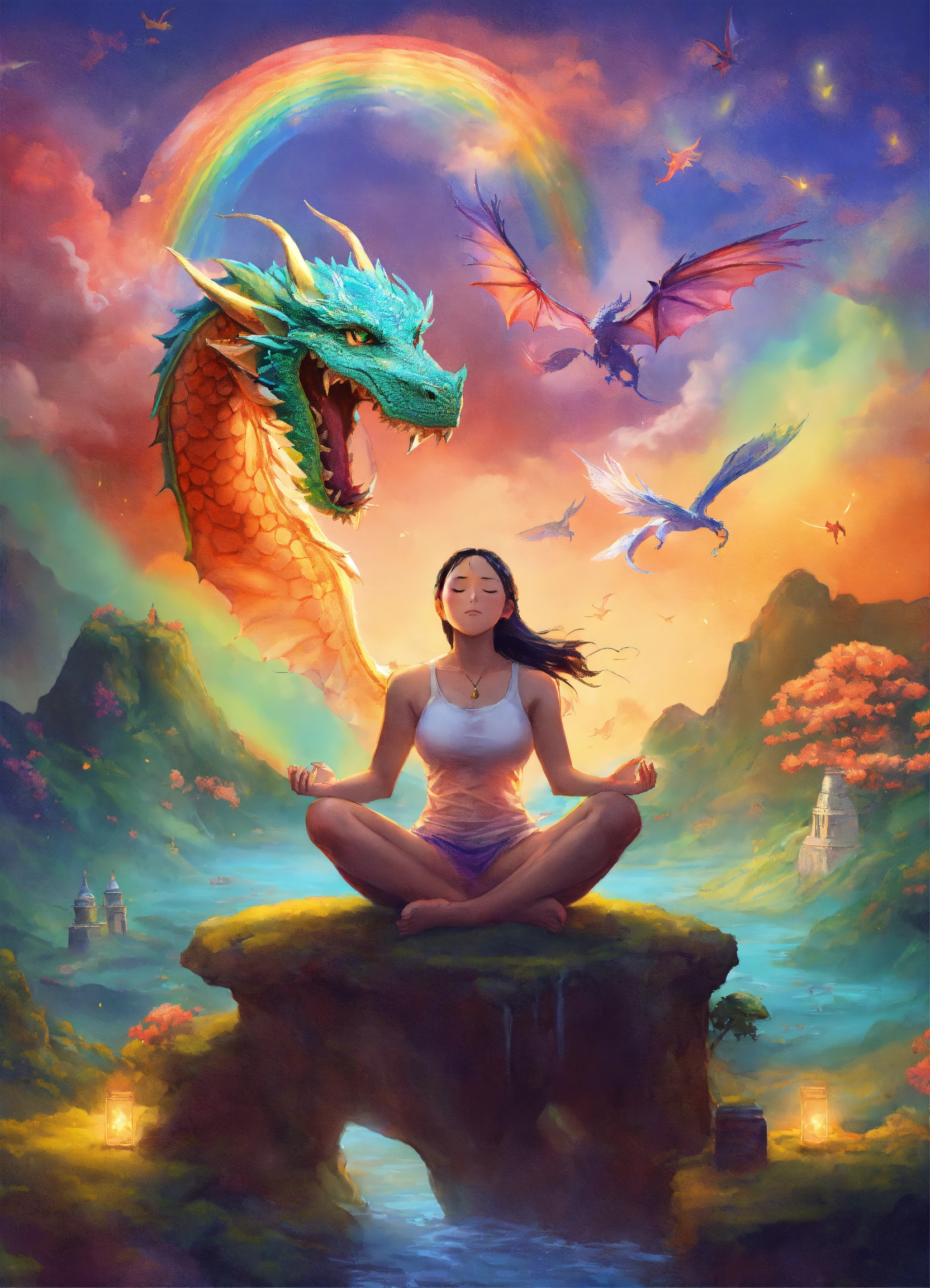 Lexica - Illustration of a dragon girl Meditating, spirits flying ...