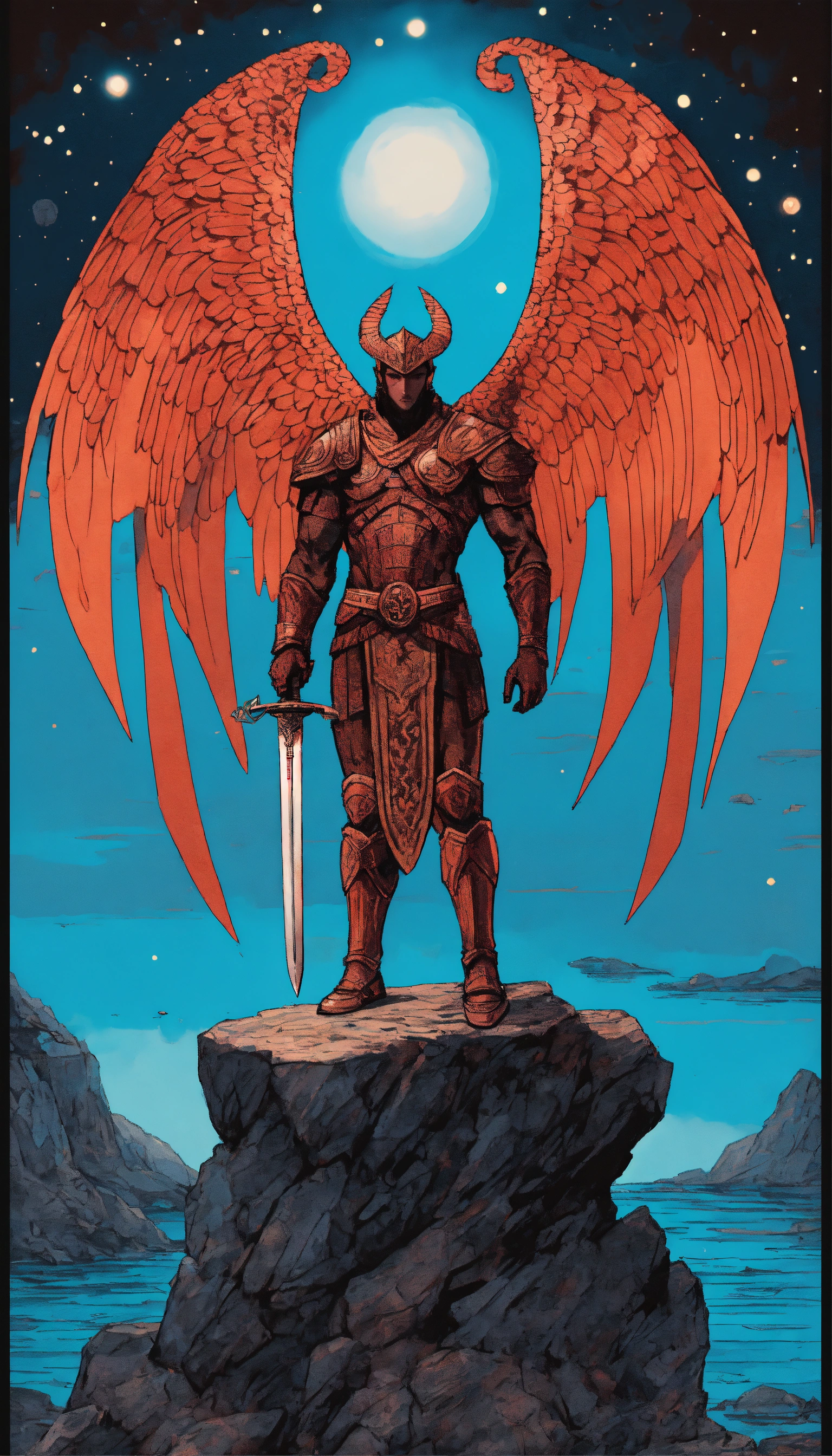 Lexica - Drawing of a mythical creature with muscles, wide wings, sword ...