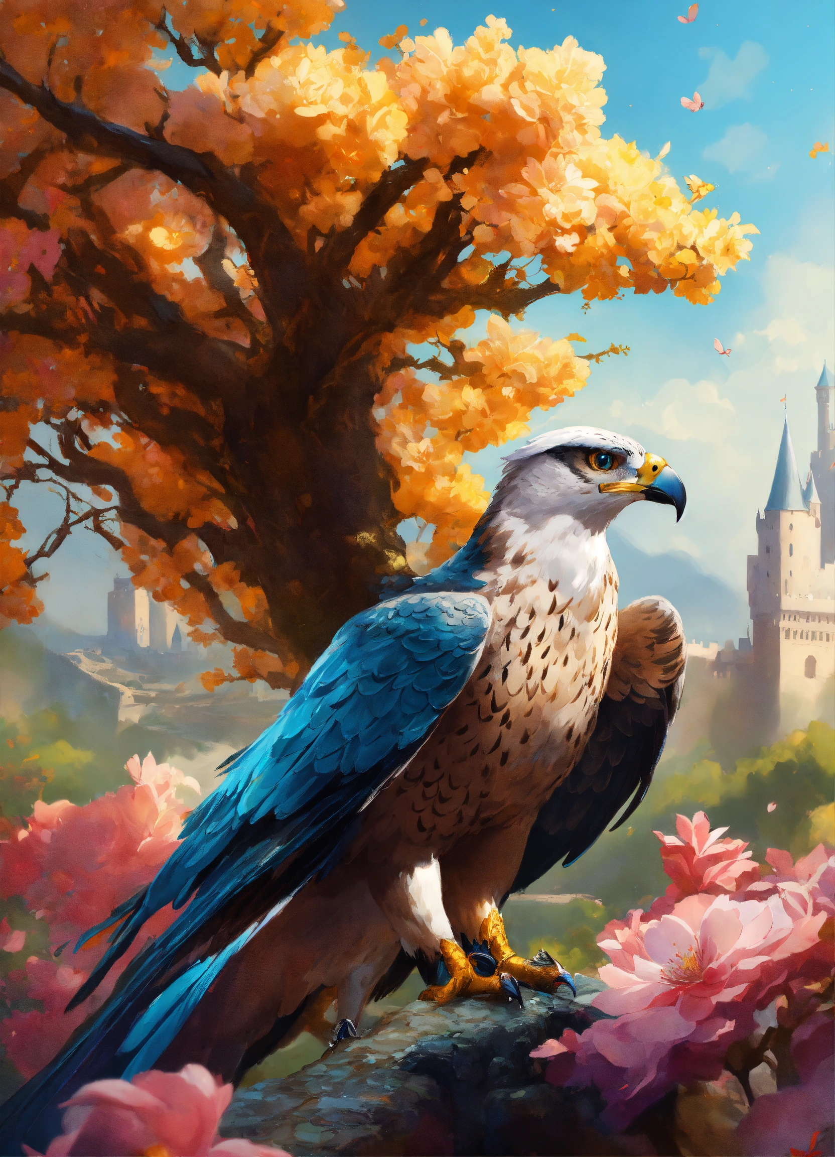 Lexica - Big animal falcon, wears magical armor, flying around castle ...