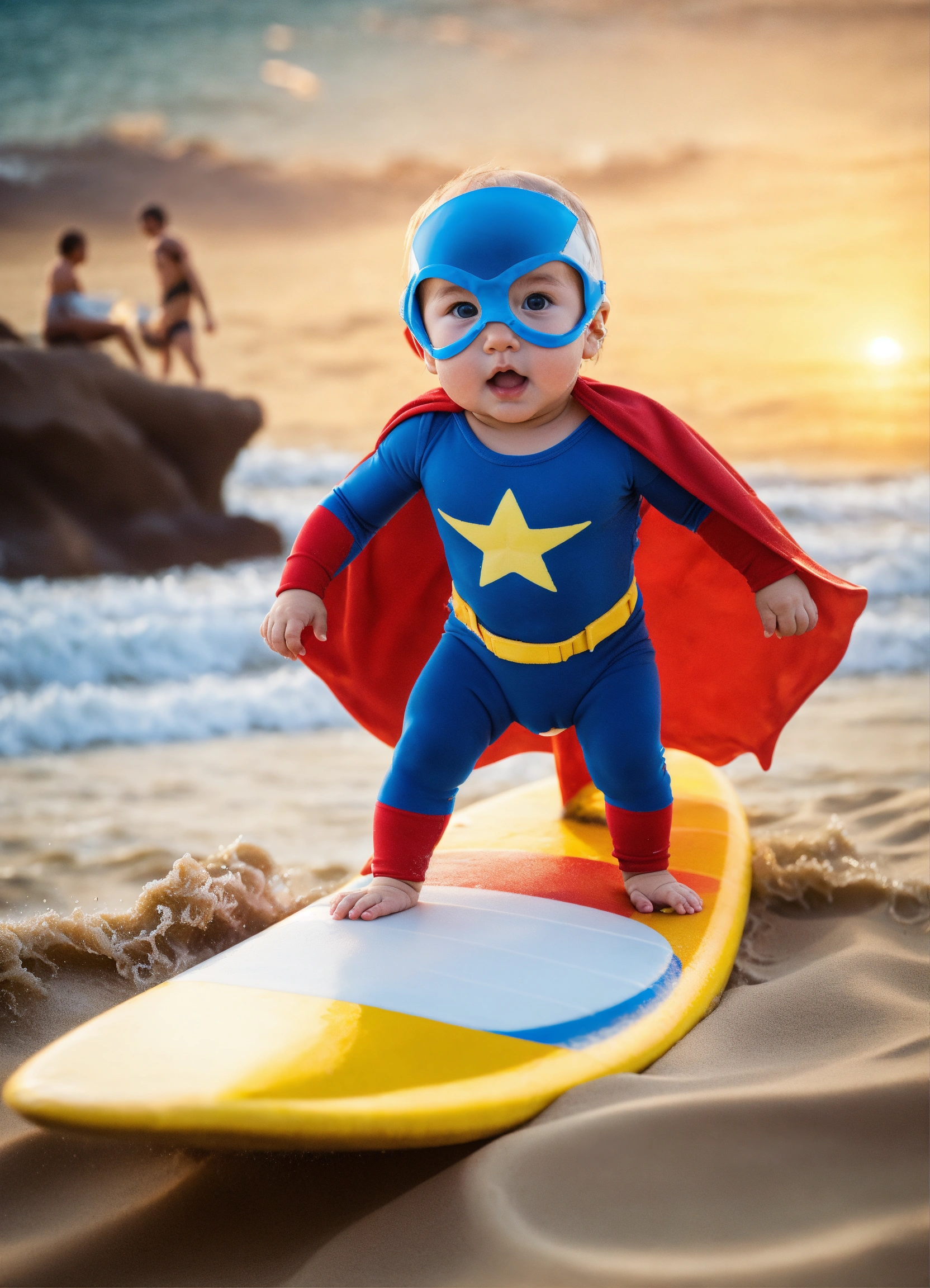 Lexica - Superhero super baby surfing on beach realistic clear focus camera