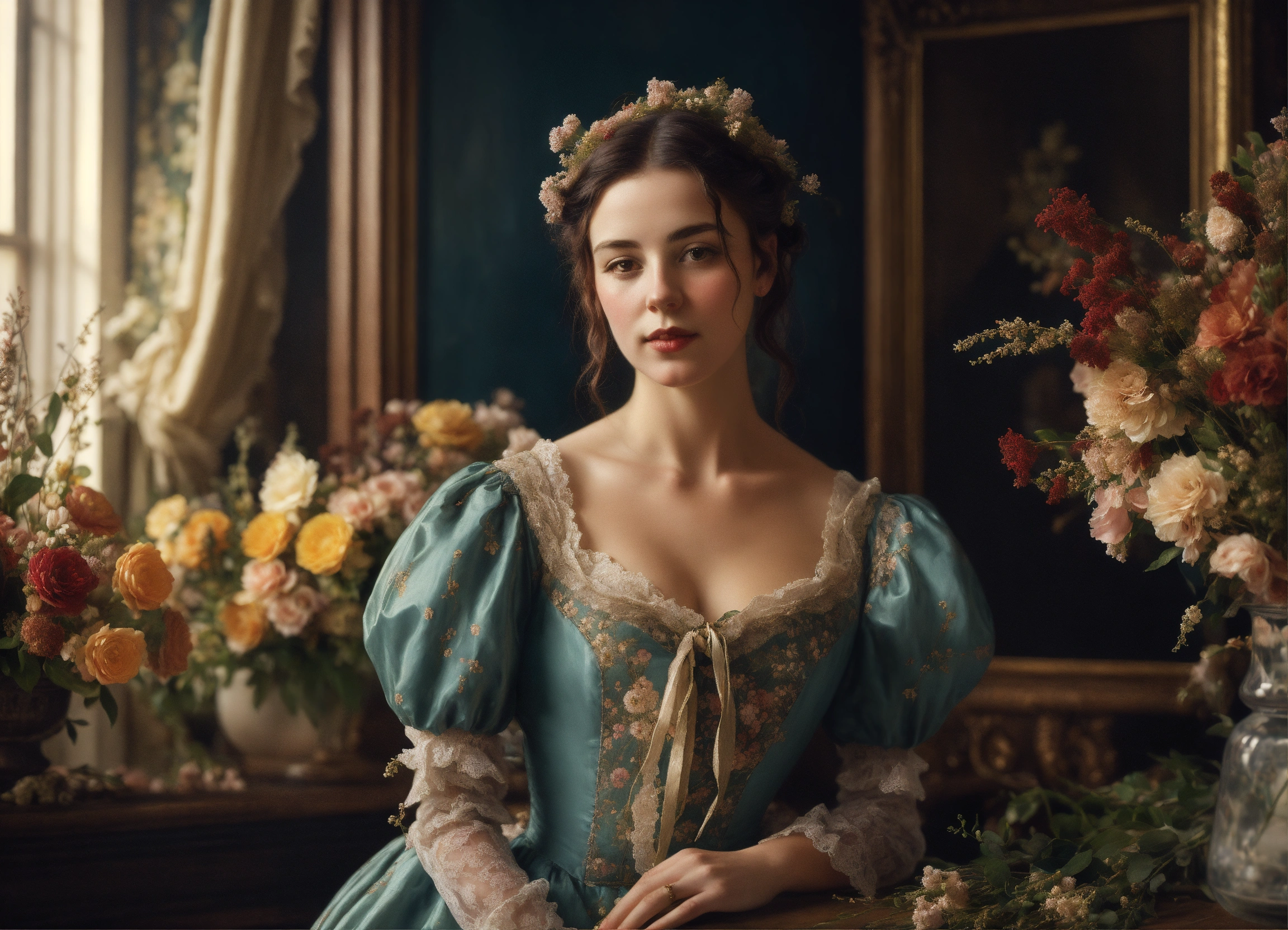 Lexica - Young and beautiful Victorian woman , floral arrangement with ...