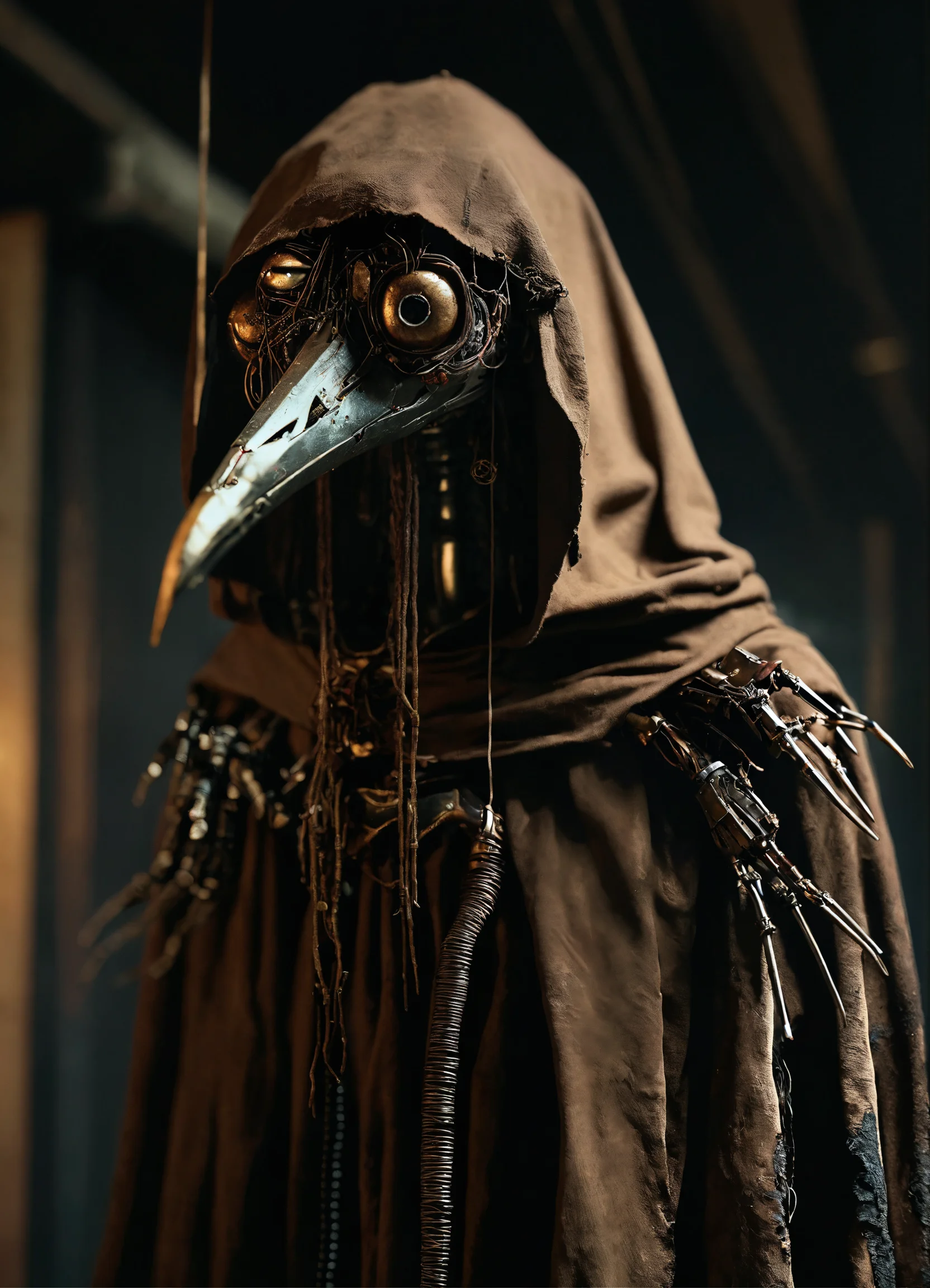 Lexica - Robot, bronze metal bird mask, realistically scary eyes, wires ...