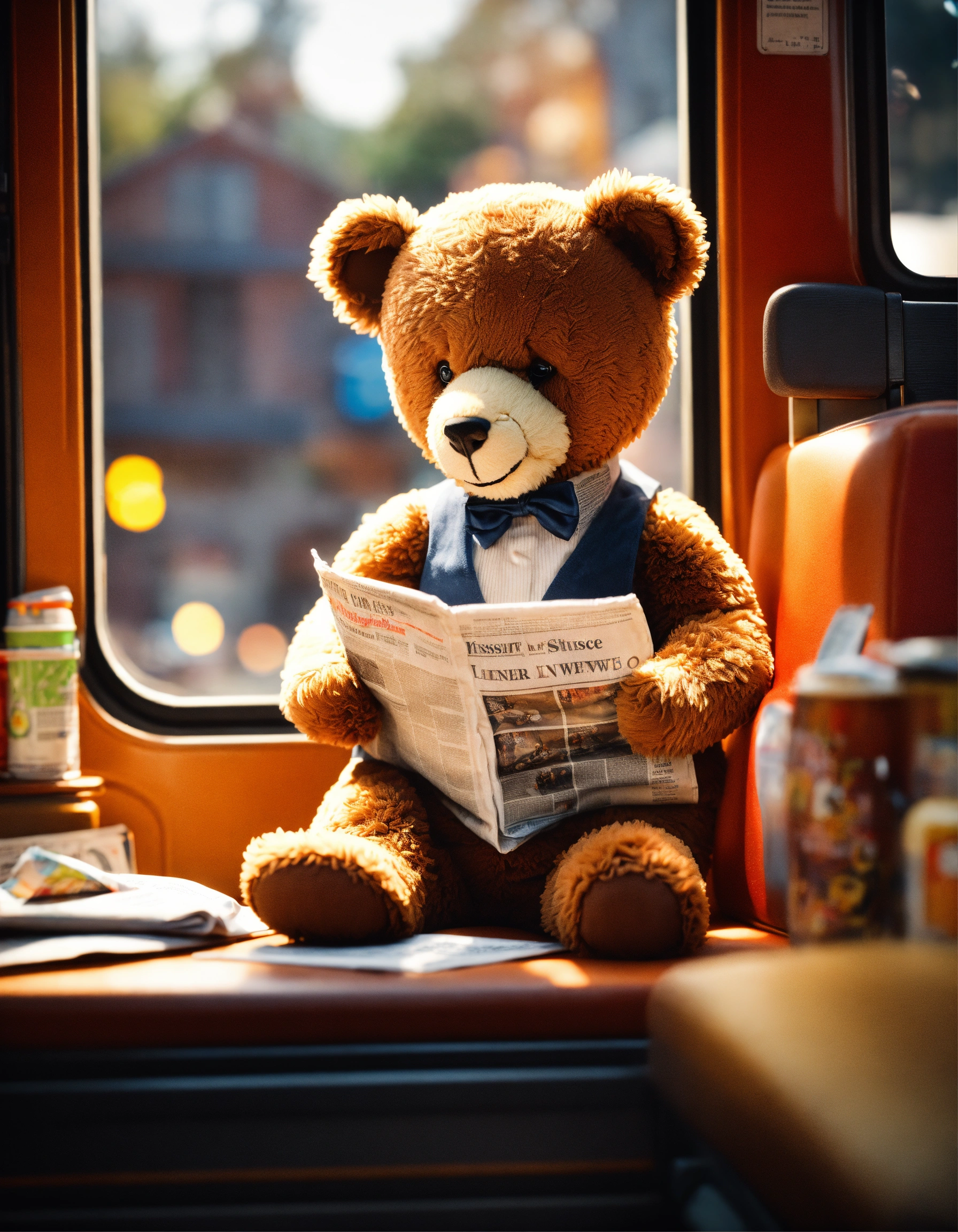 Lexica - Cute teddy bear reading newspaper in the bus, unreal engine ...