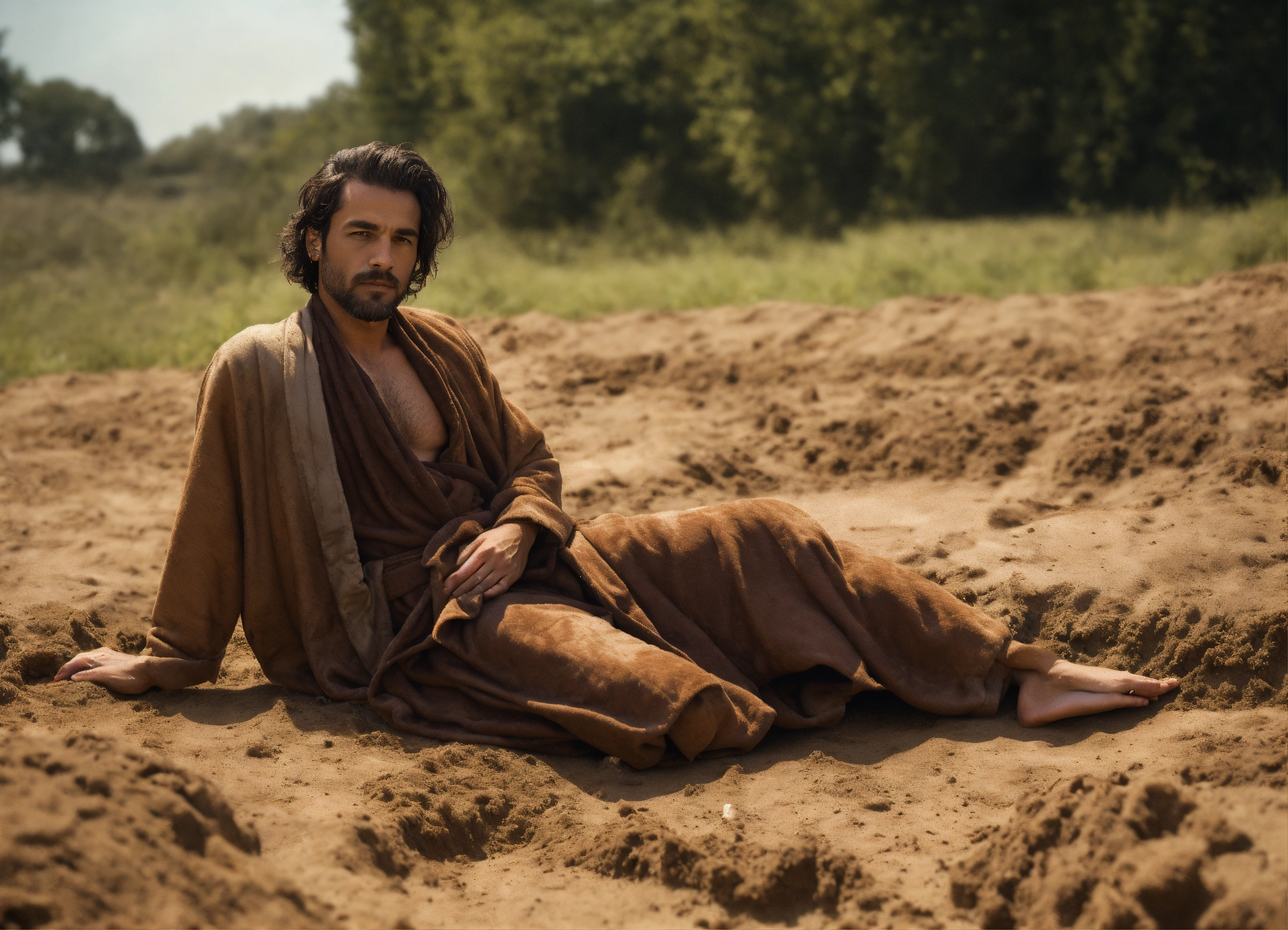 Lexica - A man,in dirty robes, laying on his side in the dirt, sharp ...