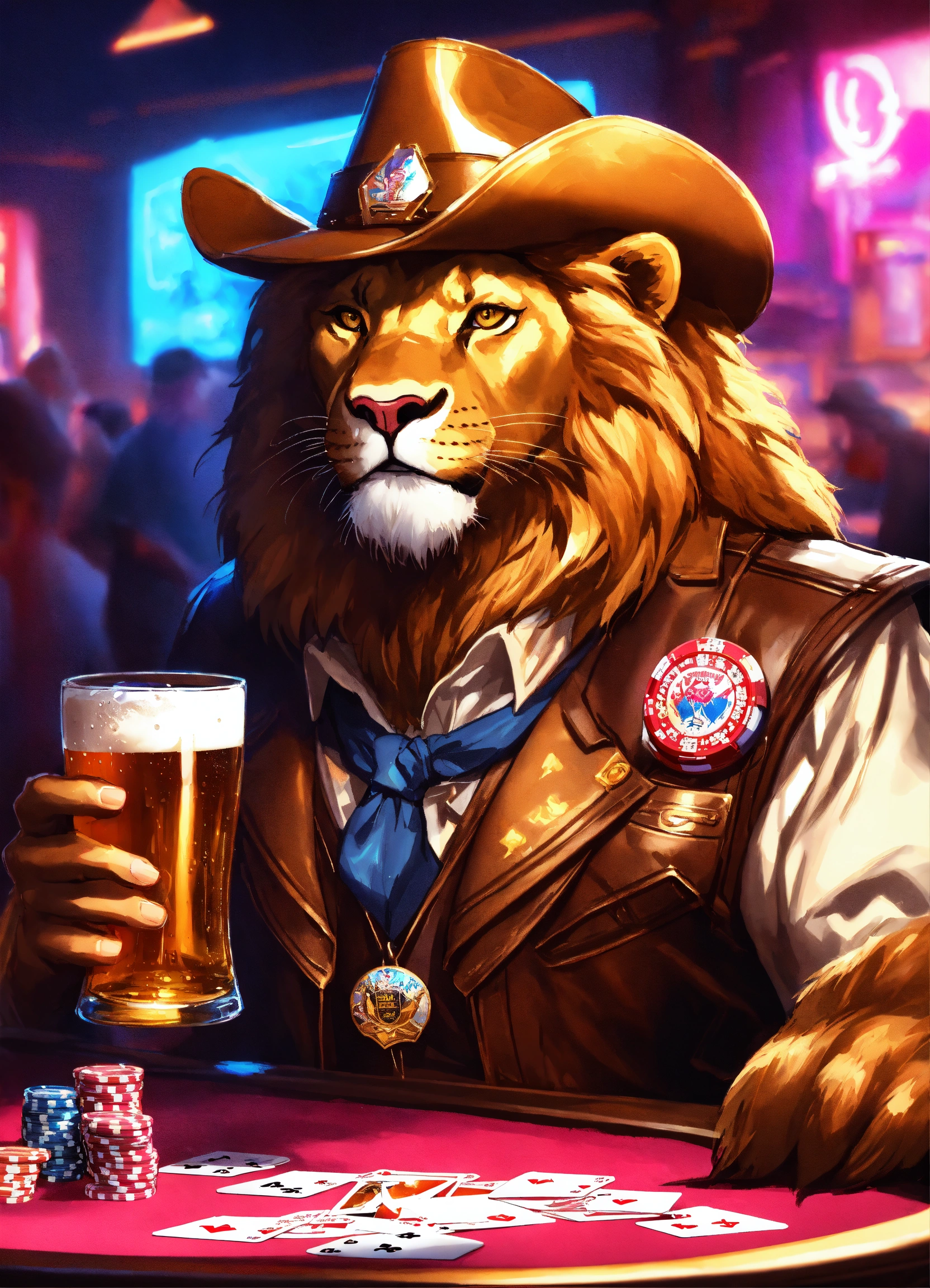 Lexica - Poker lion cowboy drinks beer at speckled pink cyber pyramid ...