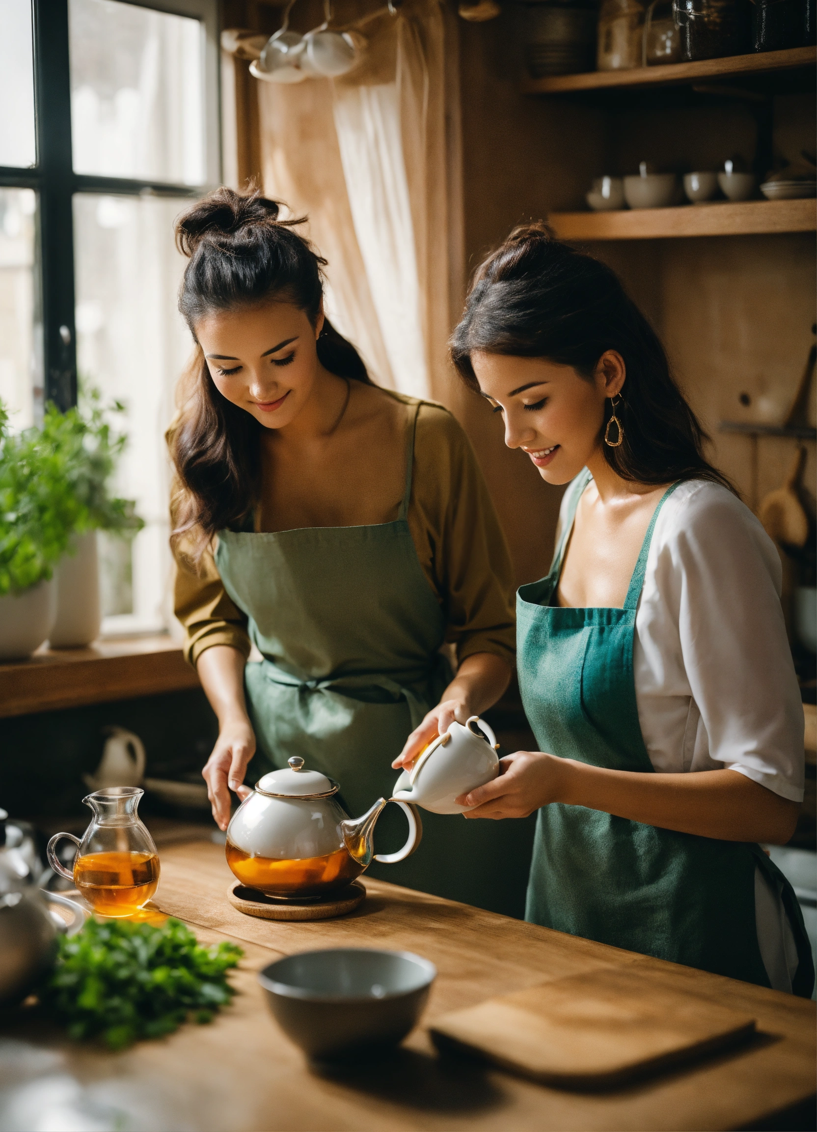Lexica - Beautiful women making tea in kitchen