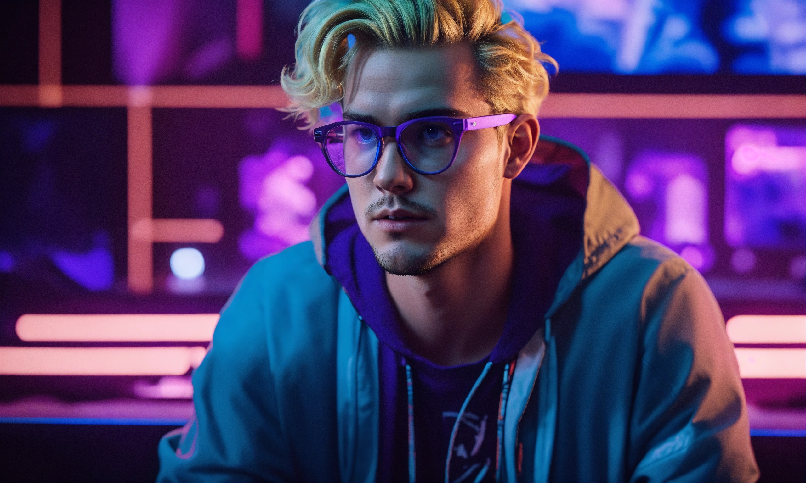 Lexica - A male gaming streamer, blonde hair, clean shaved, short wavy ...