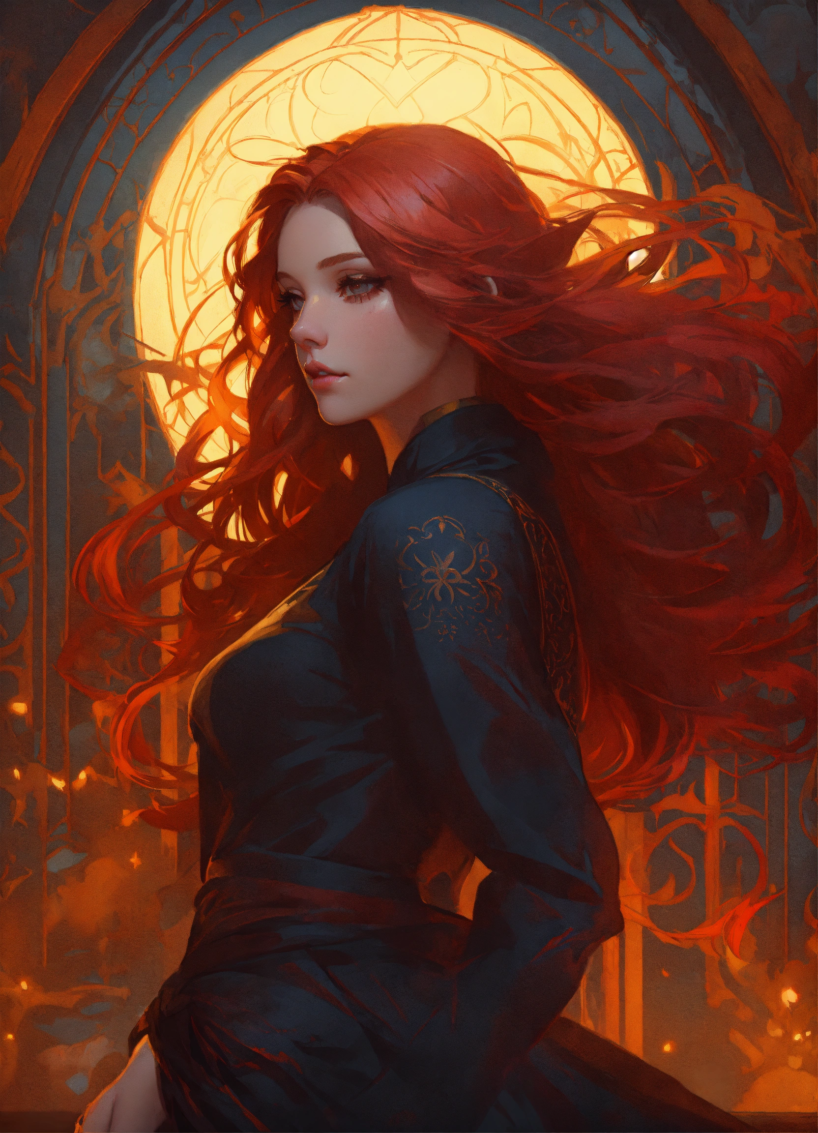 Lexica - Beautiful, red hair, witch, long hair, dark pin-up style hair ...