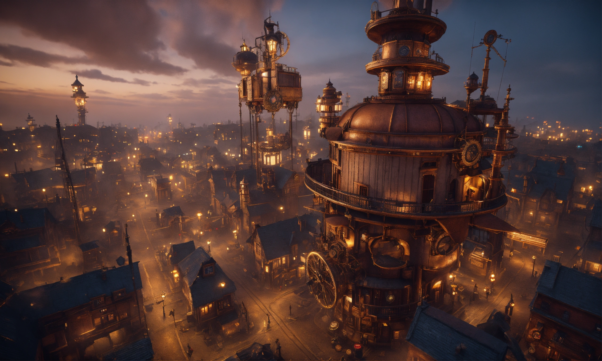 Lexica - Full overhead image of a steampunk city, unreal engine, 8k