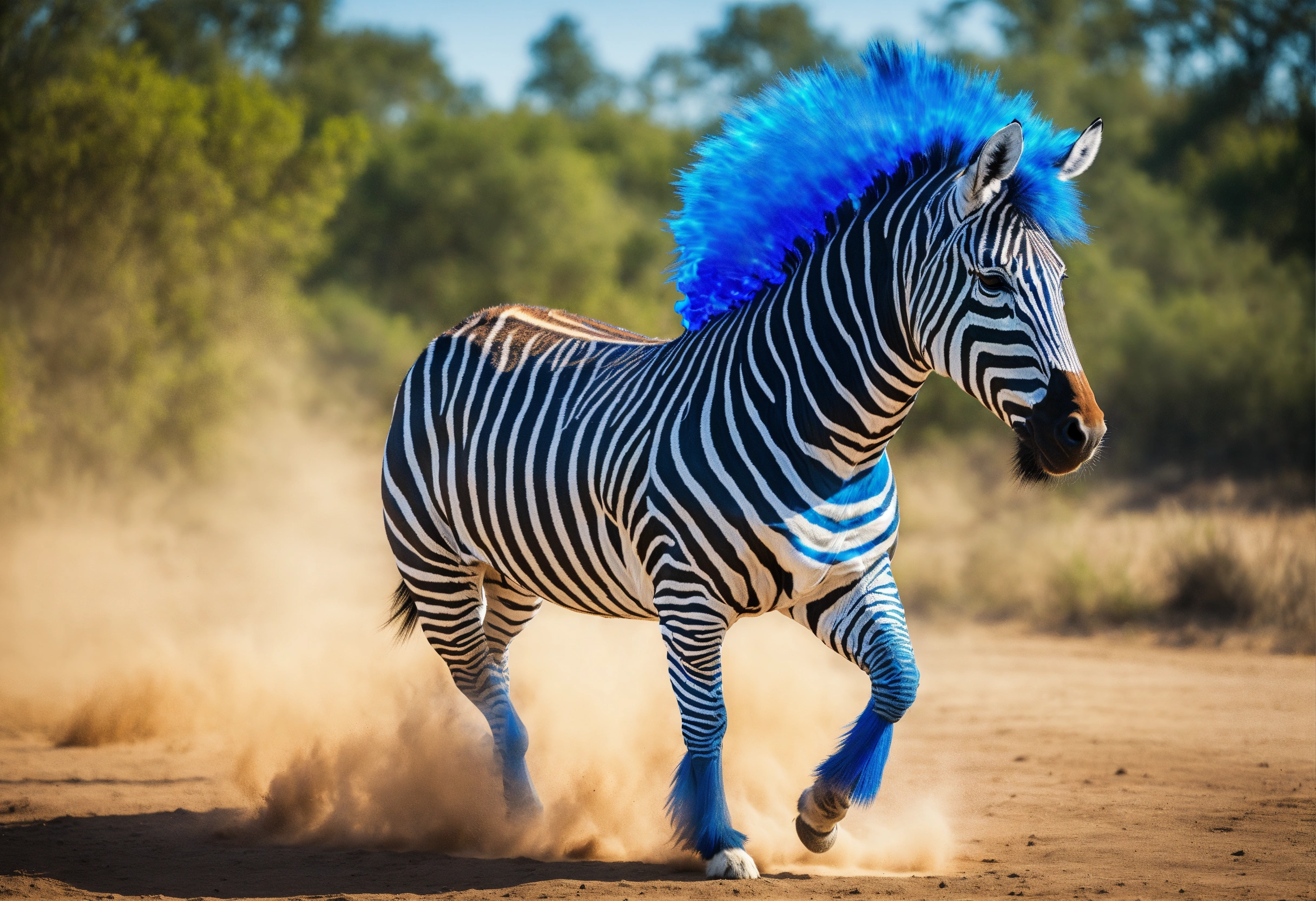 Lexica - Zebra with riding gear, with a mane and tail of blue flame