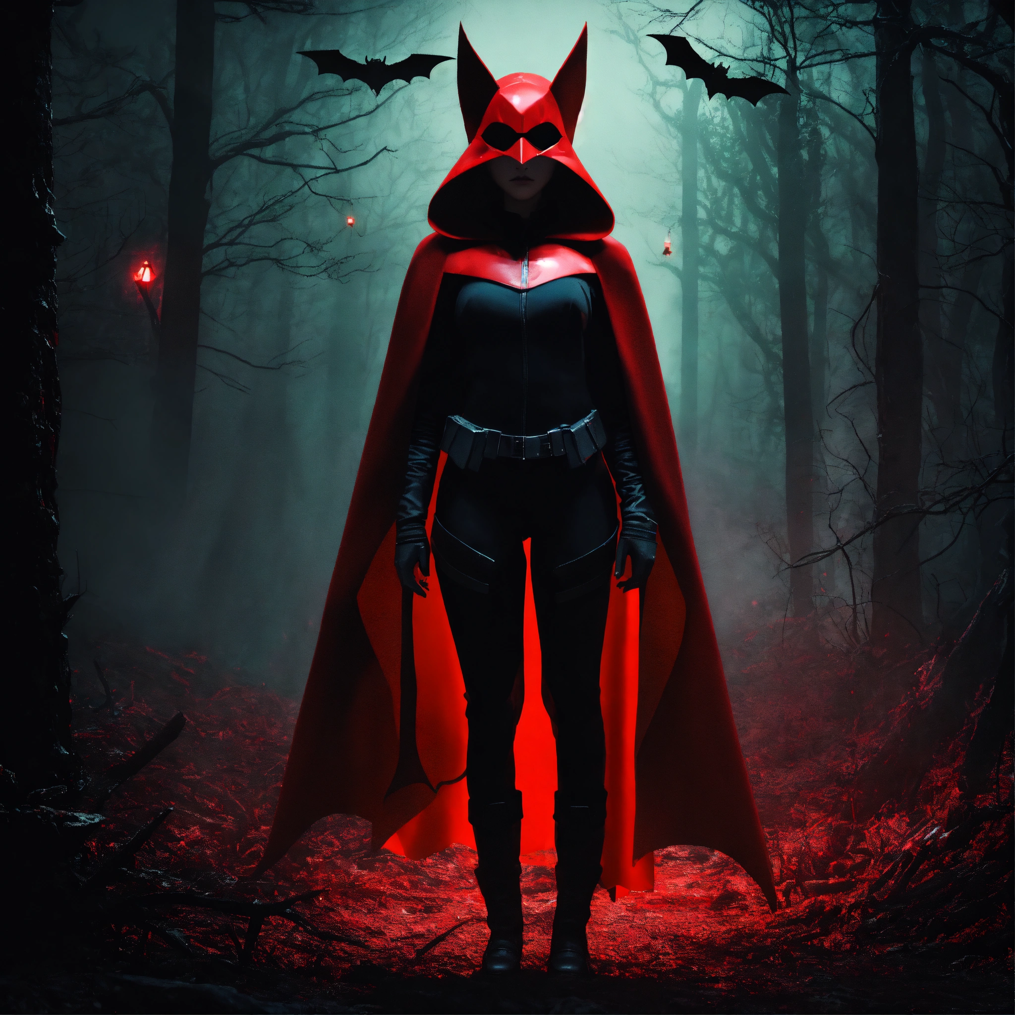 Lexica - Eerie girl in a hero-like red mask, (pitch black bat-like ...